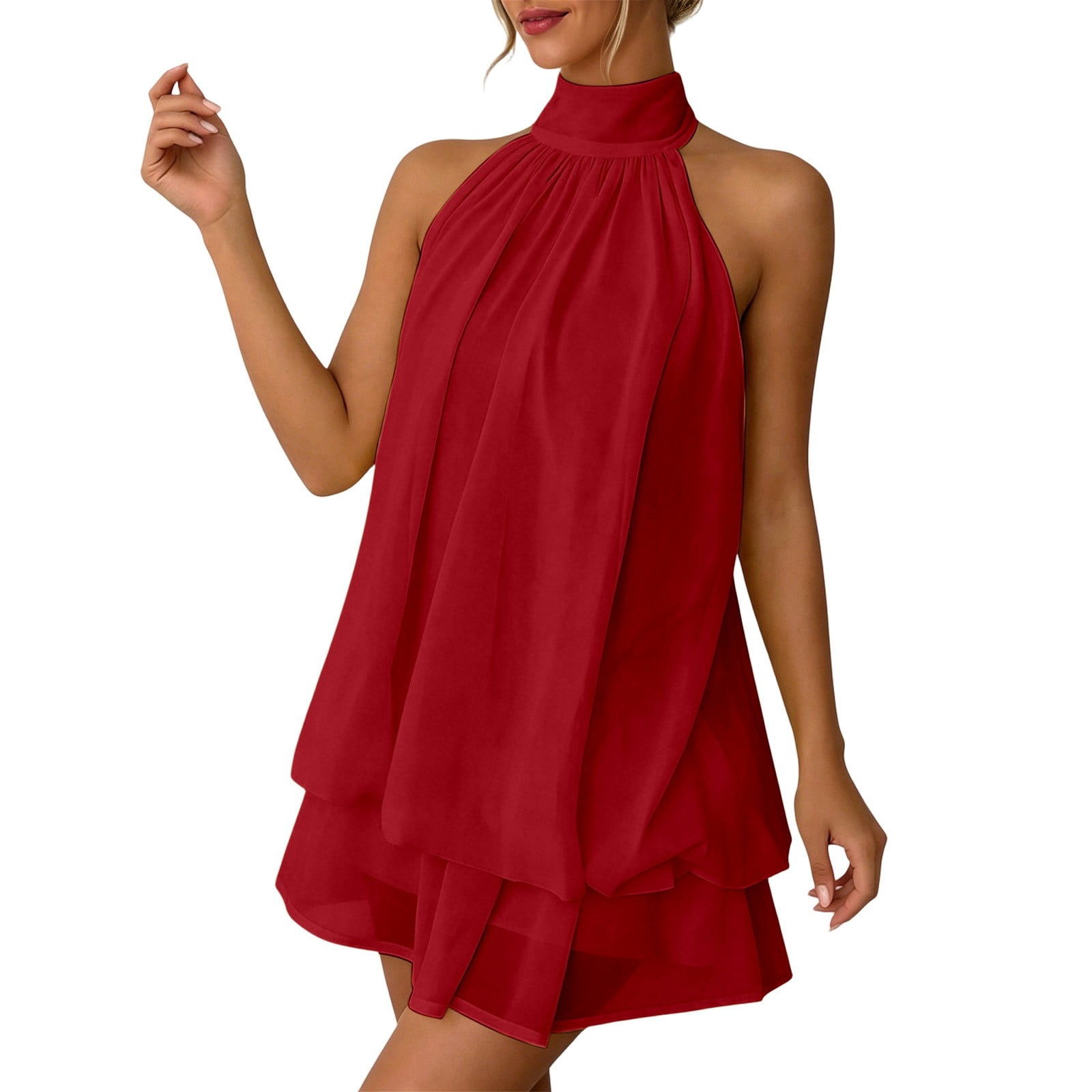 AJGRHE Women's Halter Tie Open Back Layer Chiffon Dress, Double Layer ...
