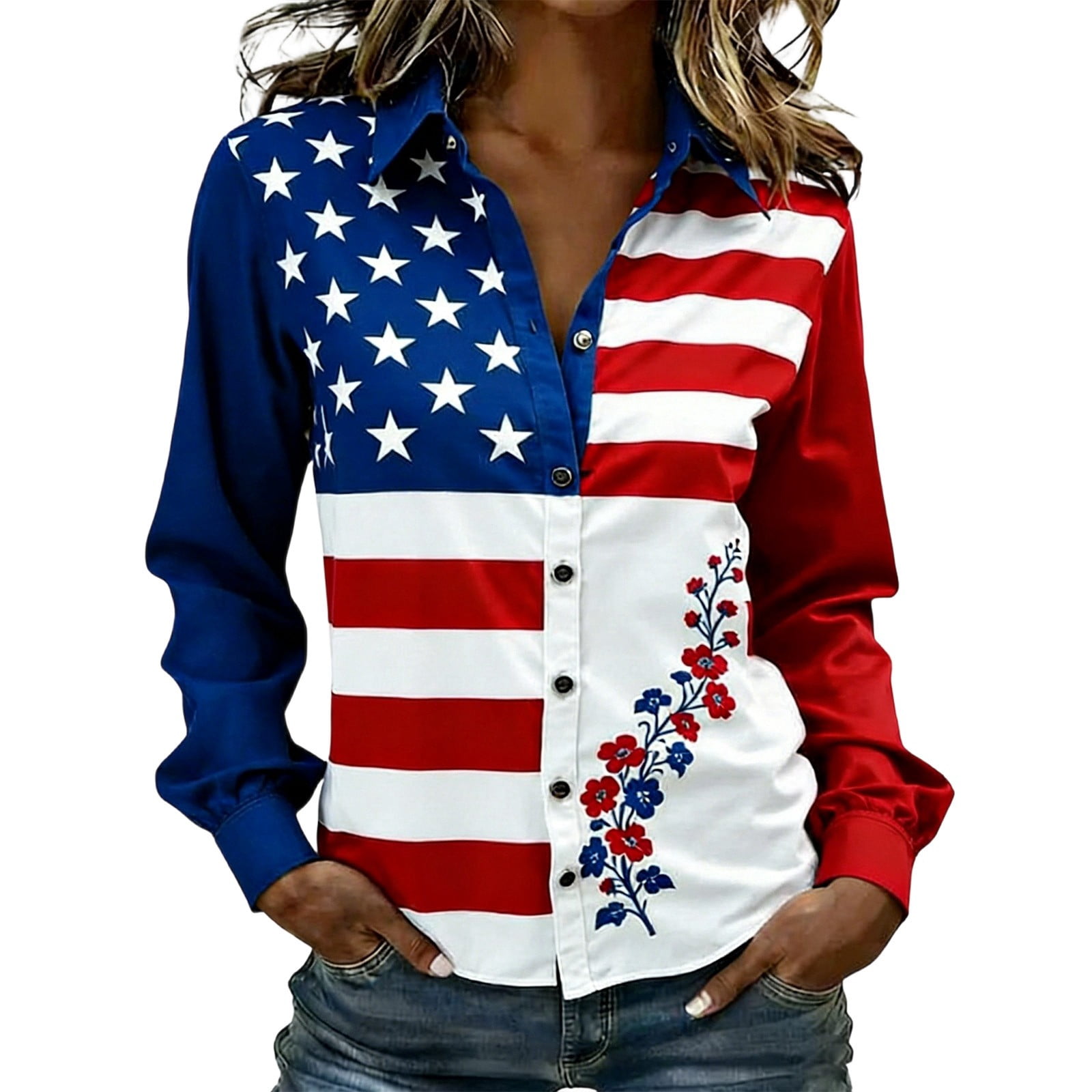 AJGRHE Women’s Holiday Celebration Button Down Shirt, Casual Flag Print ...