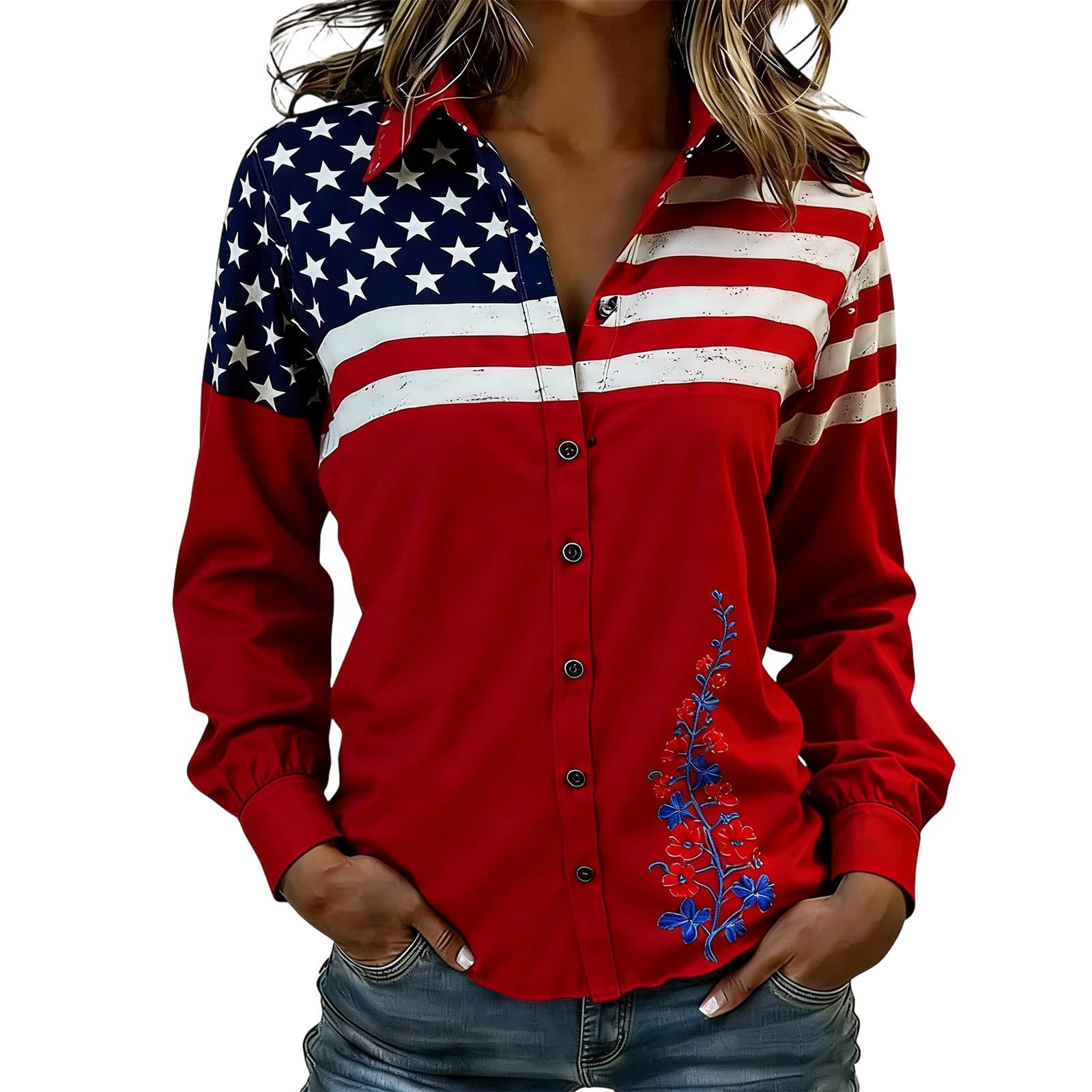 AJGRHE Women’s Patriotic Long Sleeve Button Down Shirt, Casual Flag ...