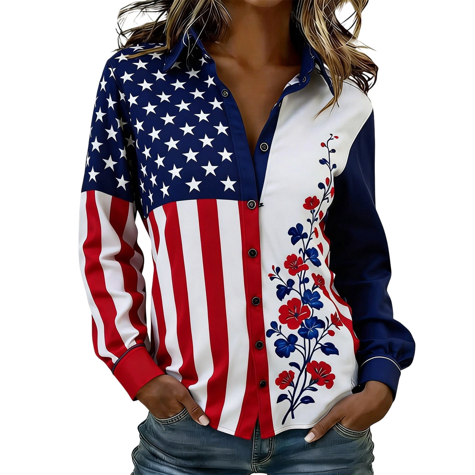 AJGRHE Women’s Star Stripe Print Long Sleeve Blouse, Casual Button Up ...