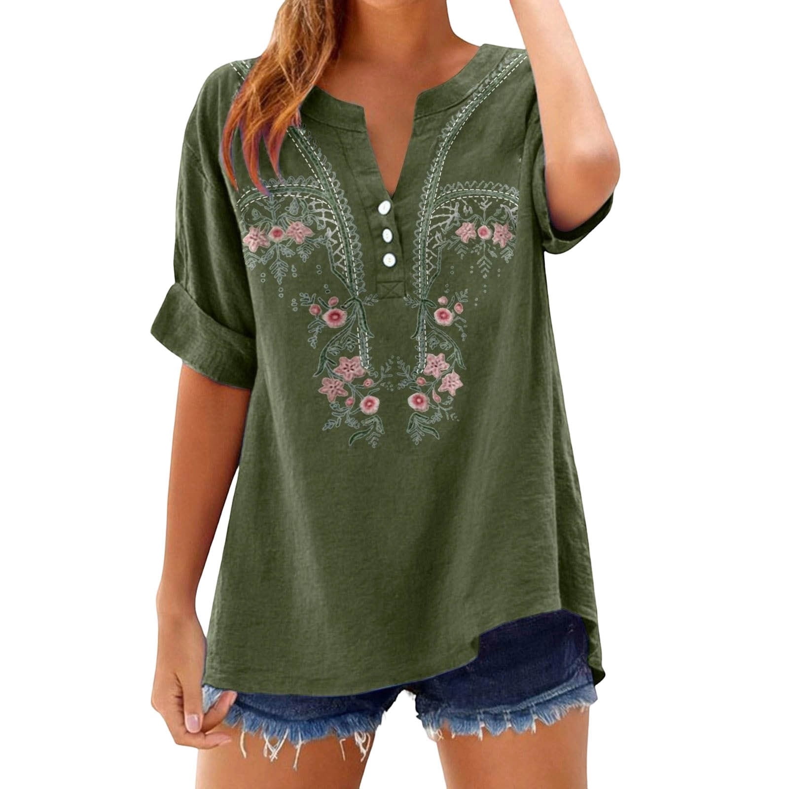 AJGRHE Women's T-Shirts Floral Embroidered Three Quarter Sleeve Top ...