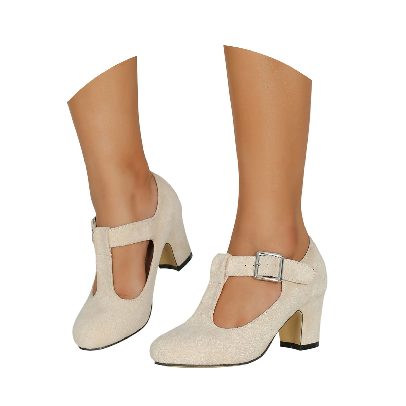 AJGRHE Women's T-Strap Mary Jane Pumps Low Block Heels Closed Round Toe ...