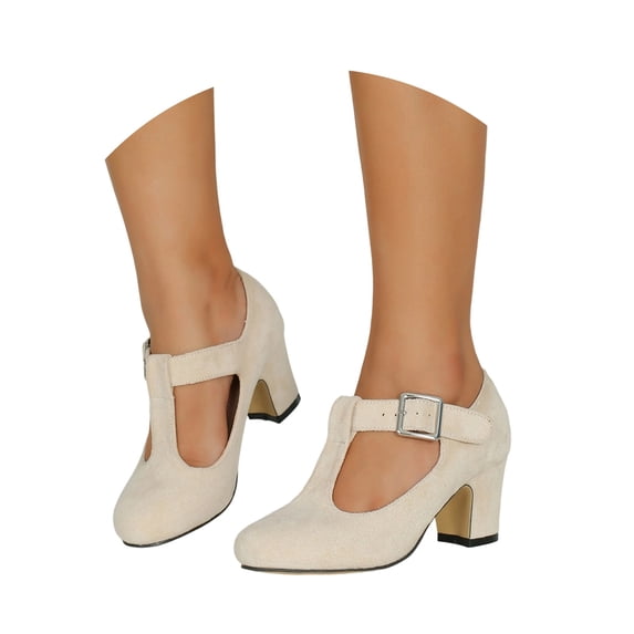 AJGRHE Women's T-Strap Mary Jane Pumps Low Block Heels Closed Round Toe ...