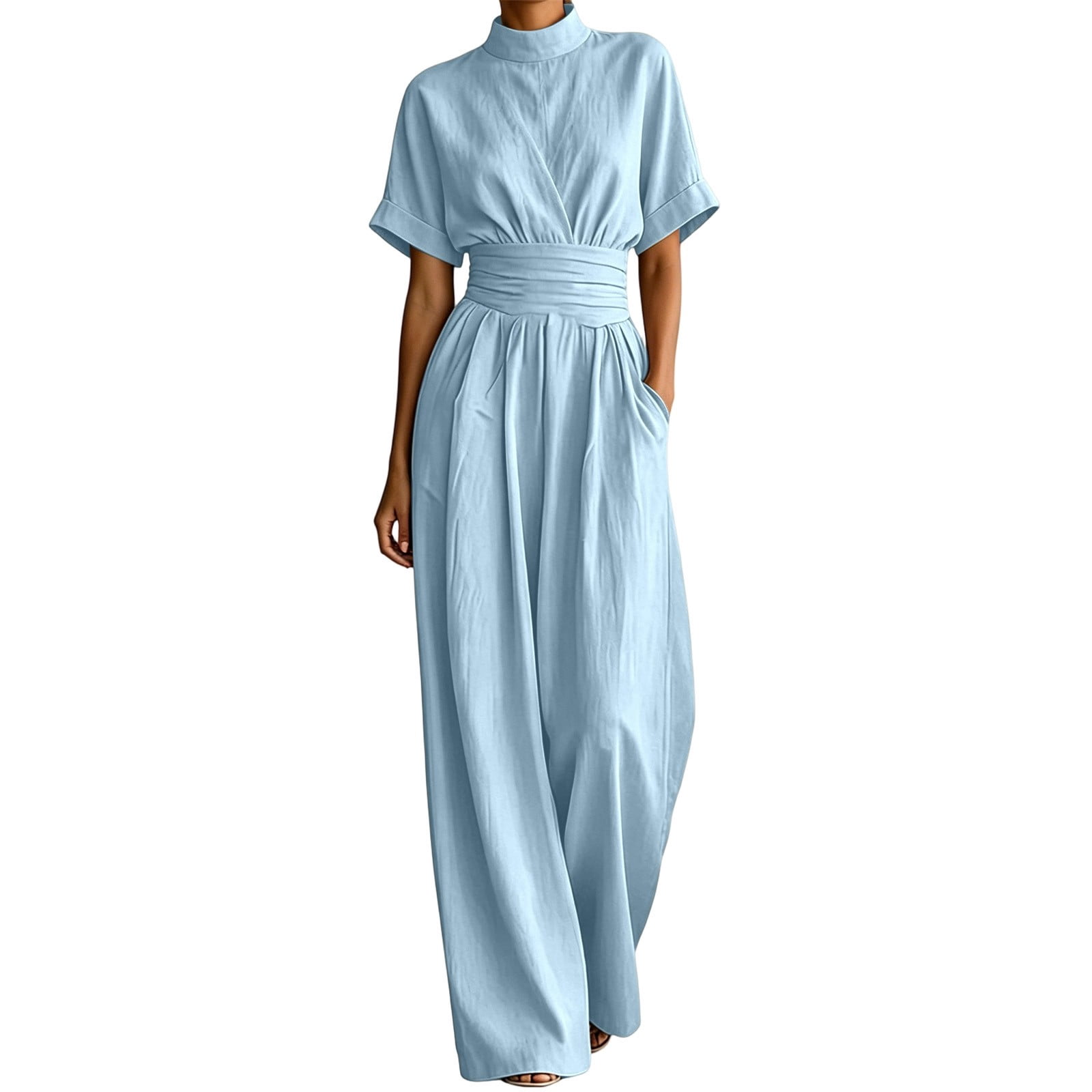 AJGRHE Women's Wide Leg Jumpsuits Summer Half Turtleneck Short Sleeve ...