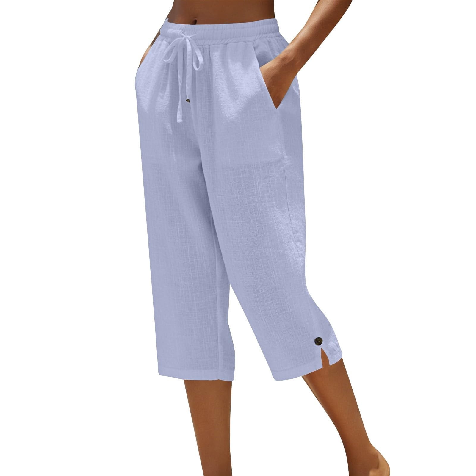 AJGRHE Womens Casual Capri Pants Elastic Waist Solid Color 3/4 Wide Leg ...