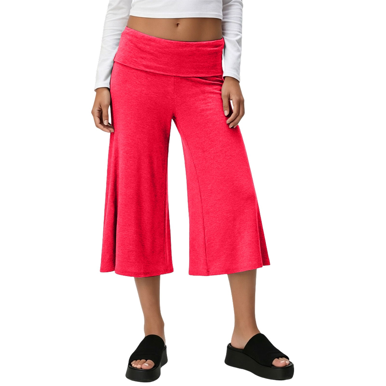 AJGRHE Womens Fold Over Gaucho Pants Culottes Low Rise Capris Foldover ...