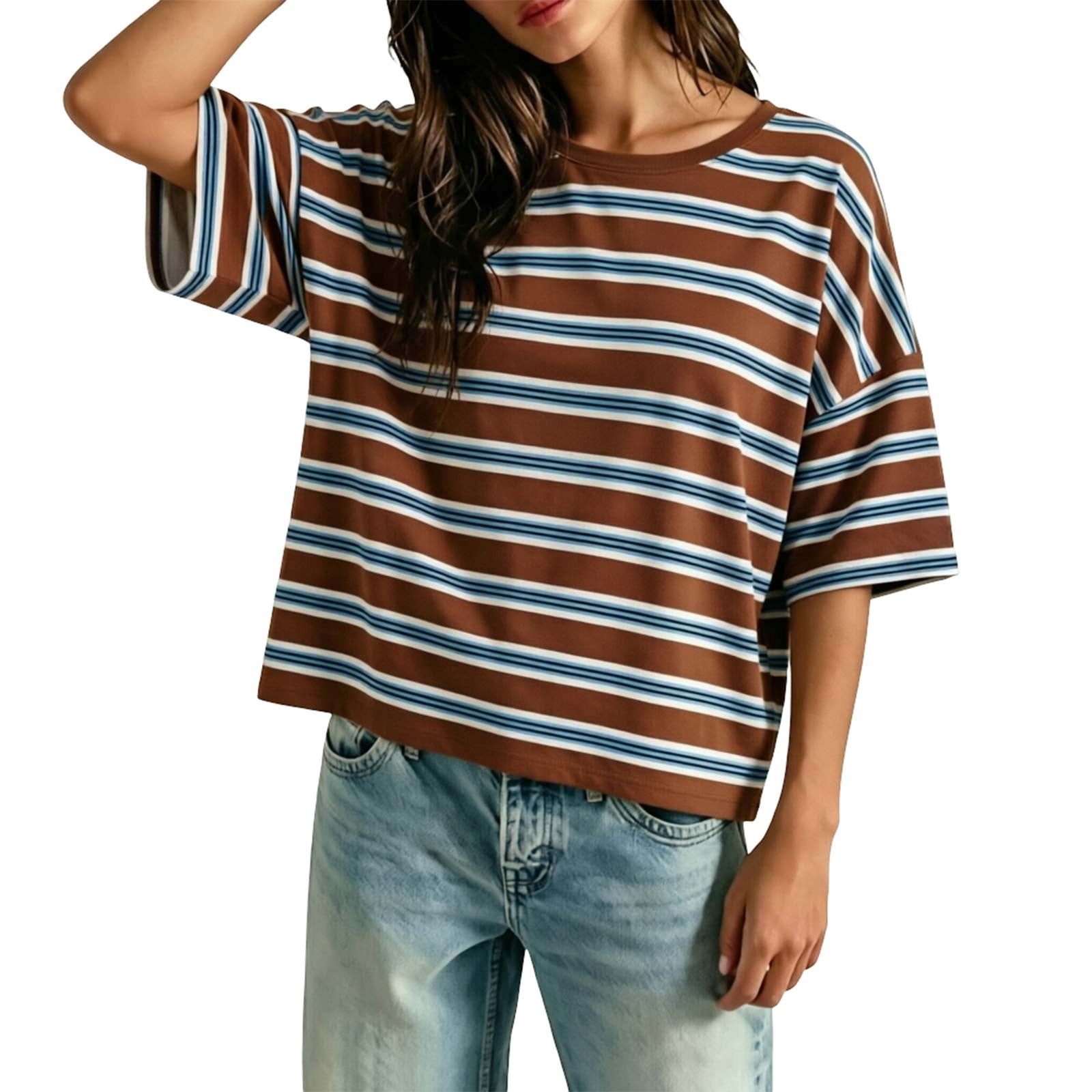 AJGRHE Womens Oversized Striped T-Shirts Summer Casual Color Block ...