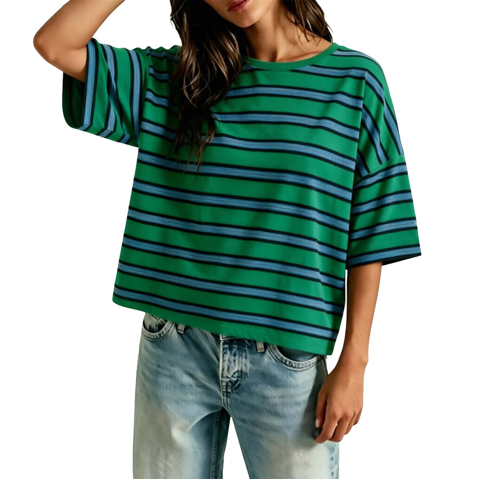 AJGRHE Womens Oversized Striped T-Shirts Summer Casual Color Block ...