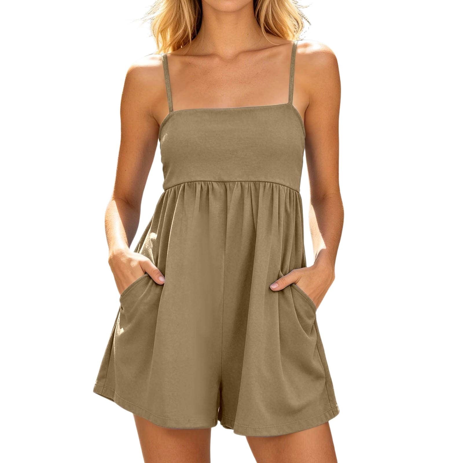 AJGRHE Womens Rompers with Pockets Dressy Casual Ruched Short Spaghetti ...