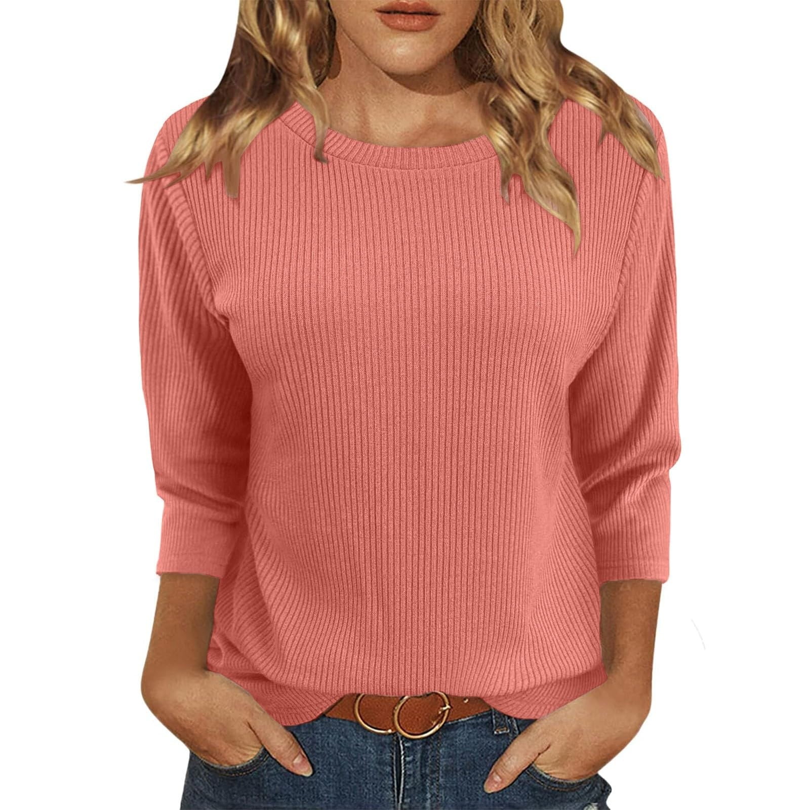 AJHSAKLt Ladies Tops And Blouses 3/4 Sleeve Womens Knit Crewneck Loose ...