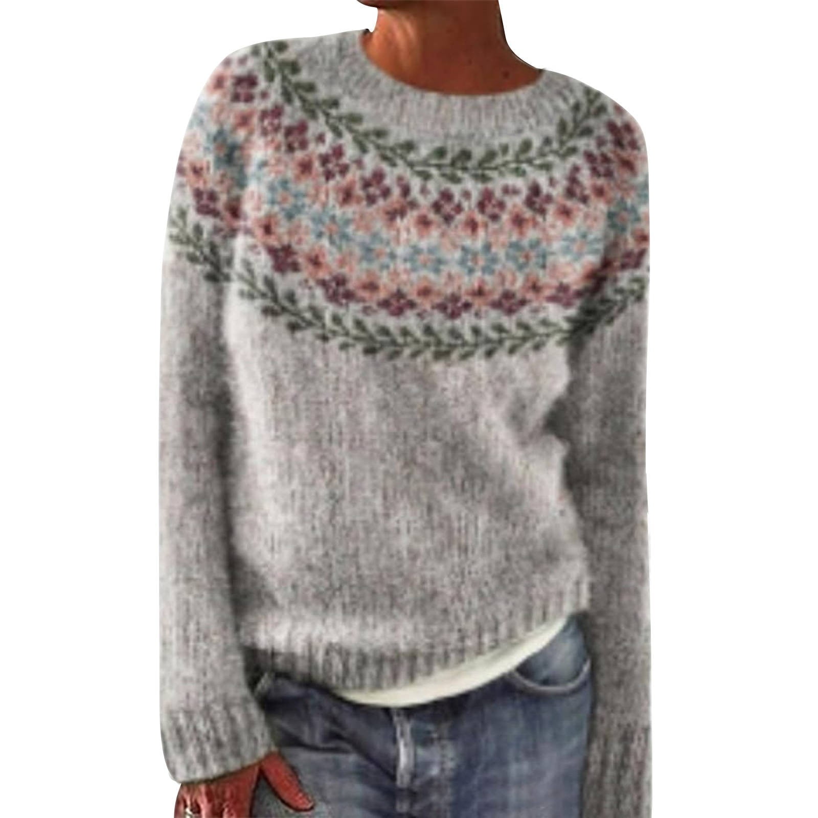 AJHSAKLt Sweaters for Women Vintage Art Print Knit Crew Neck Pullover ...