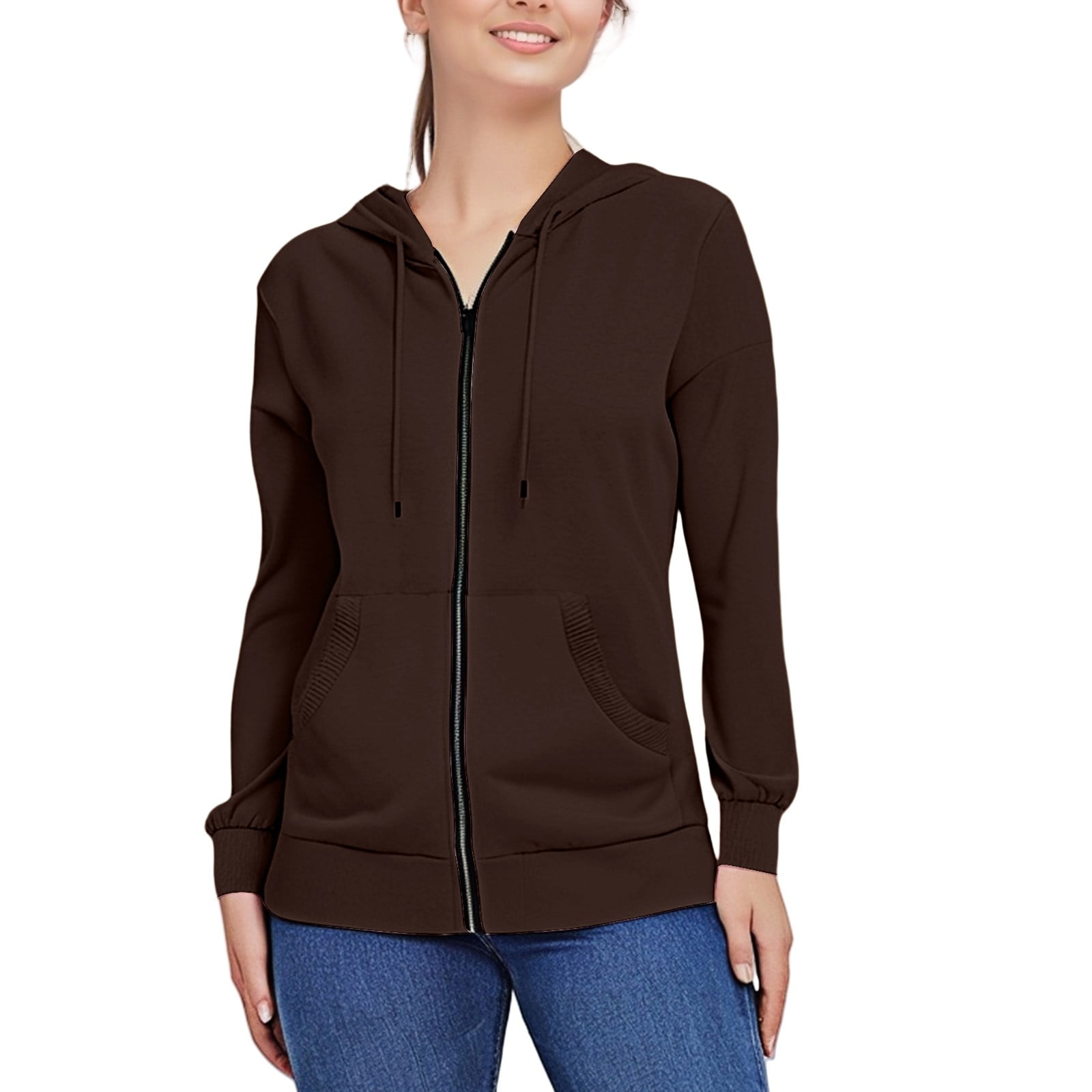 AJHSAKLt Sweatshirt for Women Pocket Long Sleeve Hooded Threaded Sweater Ladies Zipper Top ...