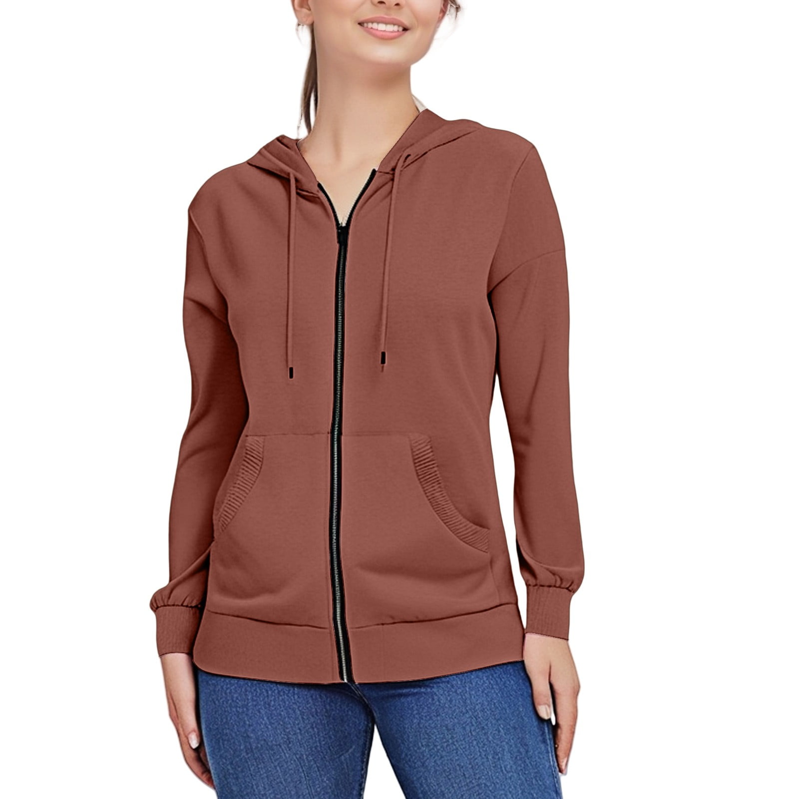 AJHSAKLt Sweatshirt for Women Pocket Long Sleeve Hooded Threaded Sweater Ladies Zipper Top ...