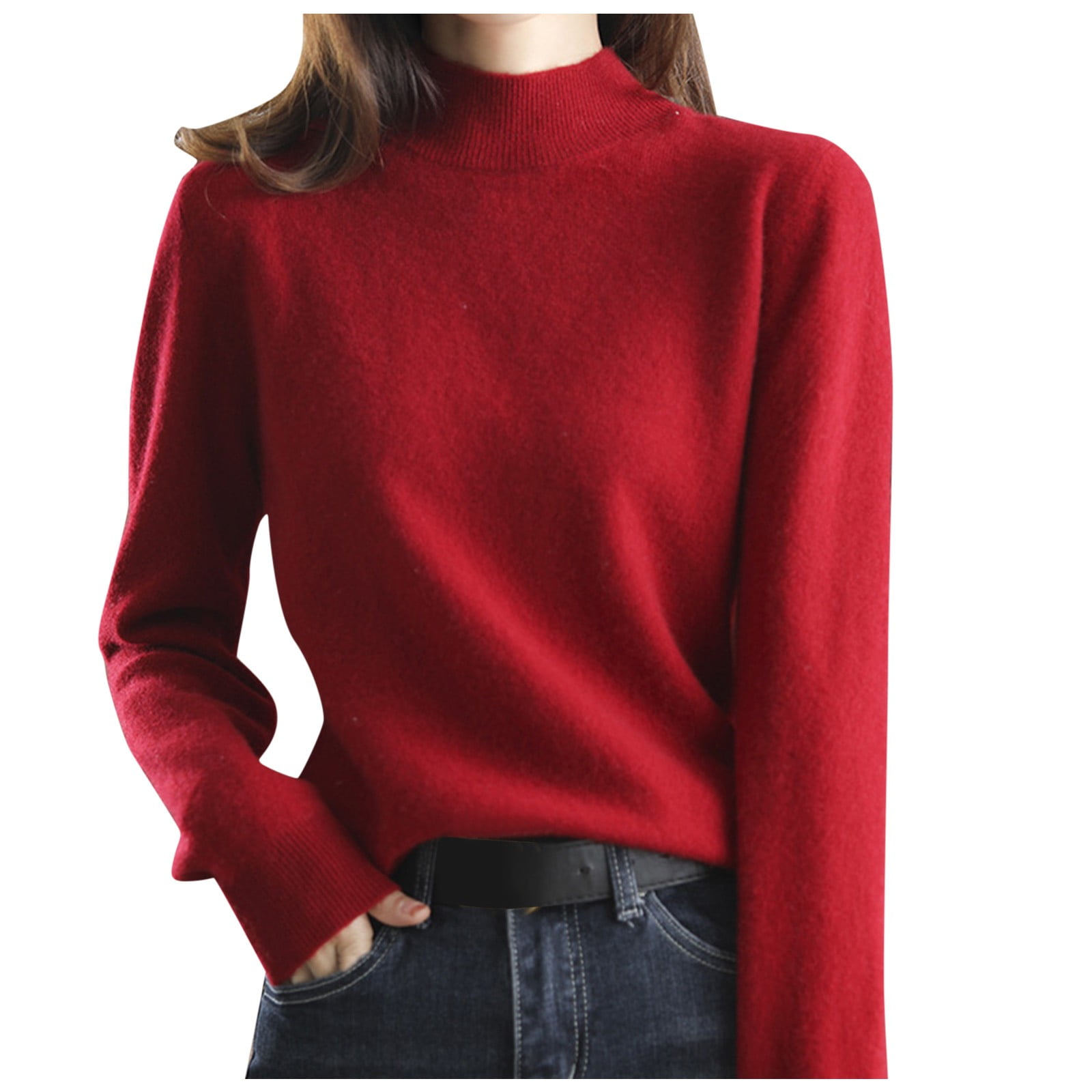 AJHSAKLt Turtleneck Tops for Women Half High Collar Knitted Sweater ...