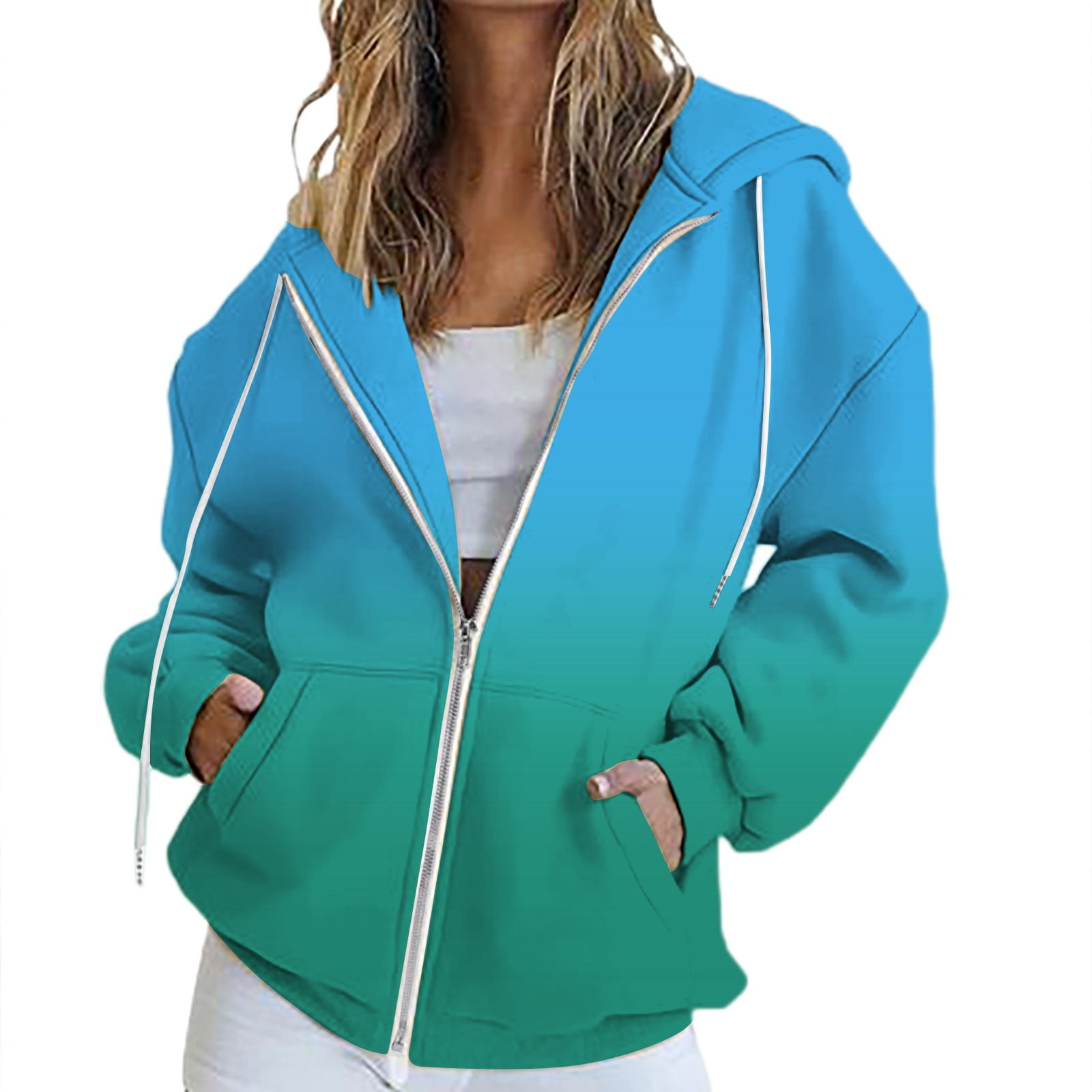 AJHSAKLt Zip Up Hoodie Women's Fall Jacket Oversized Pocket Sweatshirt ...