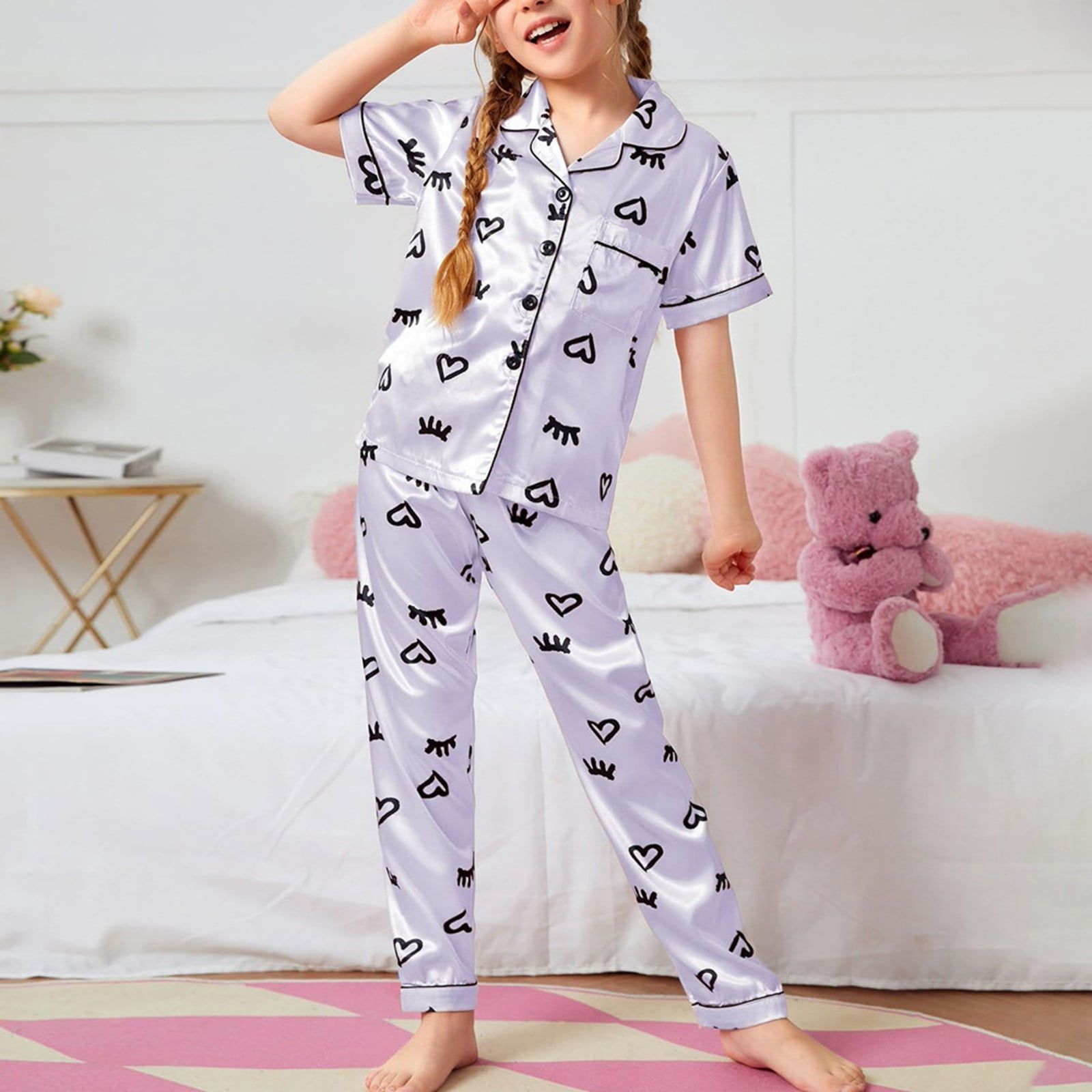 AJIWYH Girls Short Pajamas Imitation Silk Color T Short Sleeve Pants ...