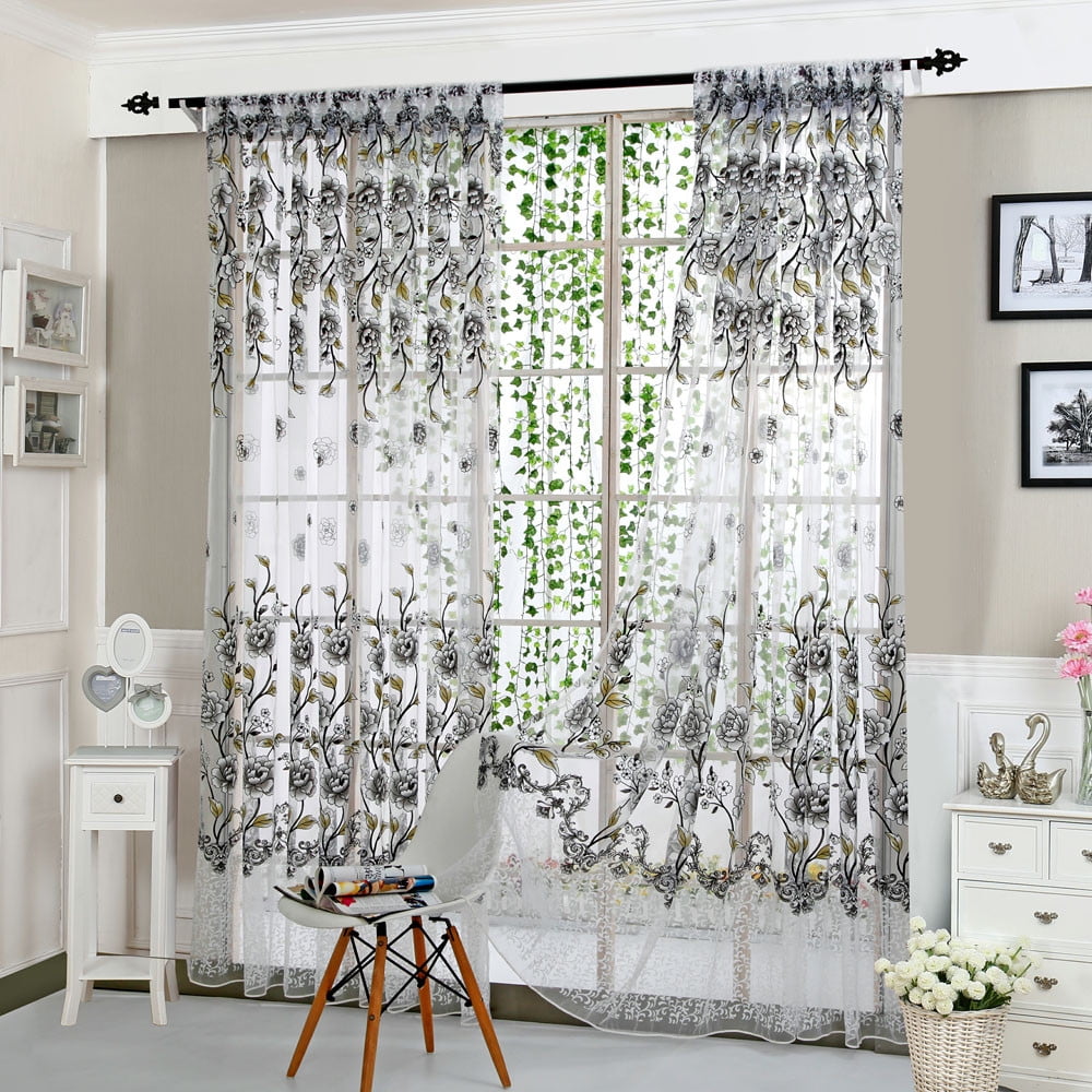 AJKSFHIU Sheer Curtain Floral,Luxury Peony Flower Sheer Window Curtain ...