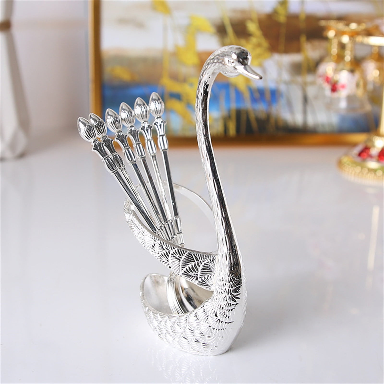 AJKSFHIU Silver Coffee Spoon Holder and Spoon Set,Swan Spoon Holder for ...