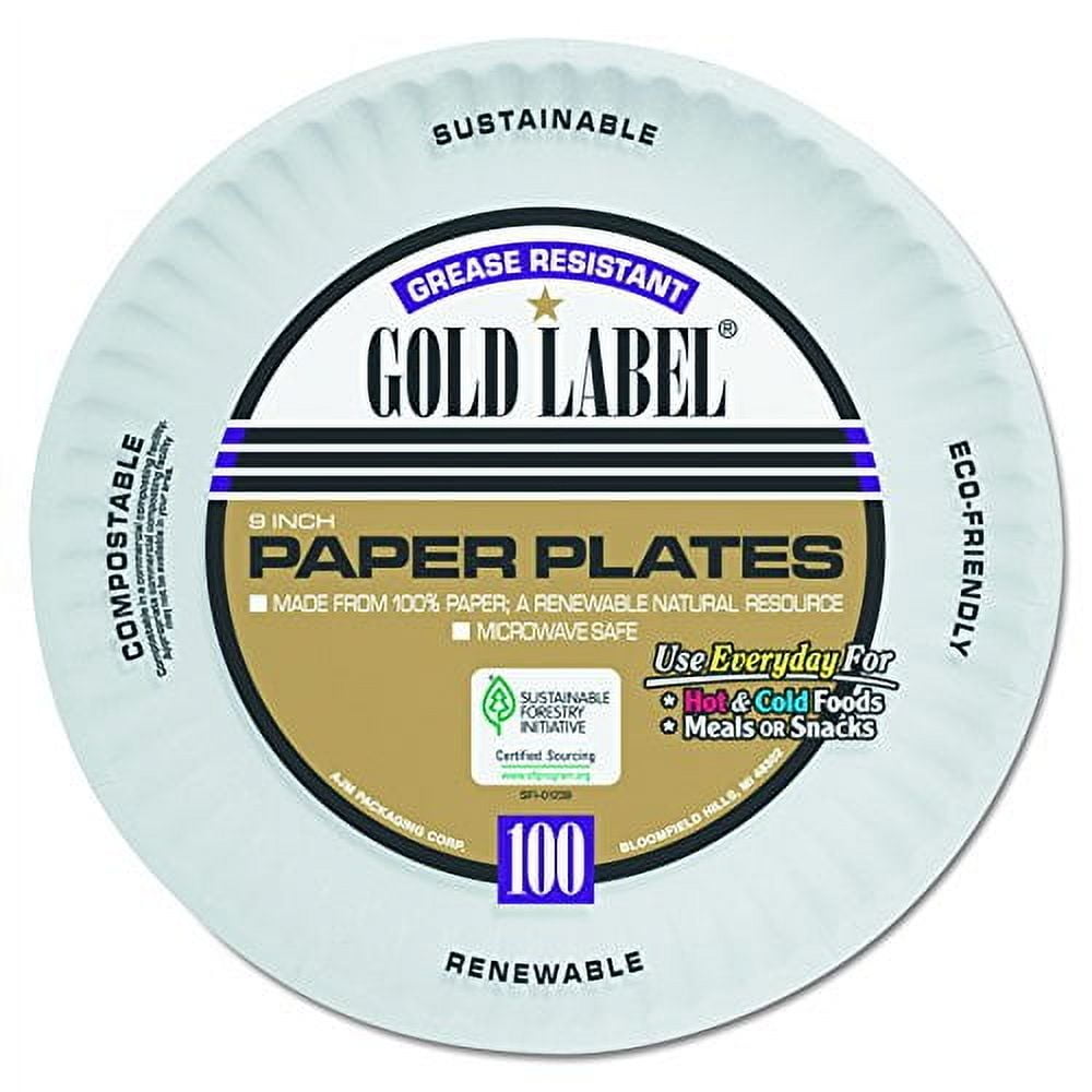 AJM Packaging CP9GOAWH Gold Label White Coated Paper Plate, 9" Diameter ...