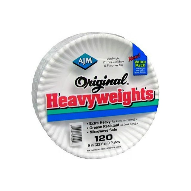 "AJM Packaging Corp. Heavyweight Paper Plates, 9"", 960/CT, White ...