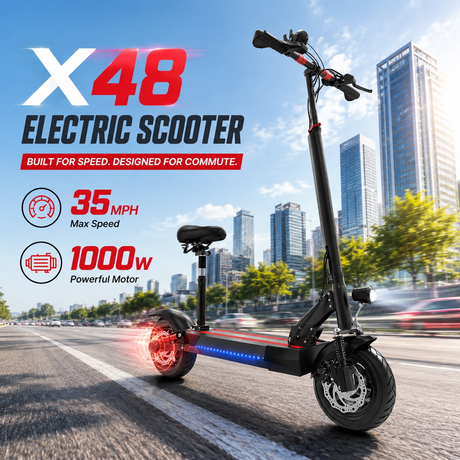 AJOOSOS X48 Electric Scooter with Seat for Commuting, 48V 1000W Motor ...
