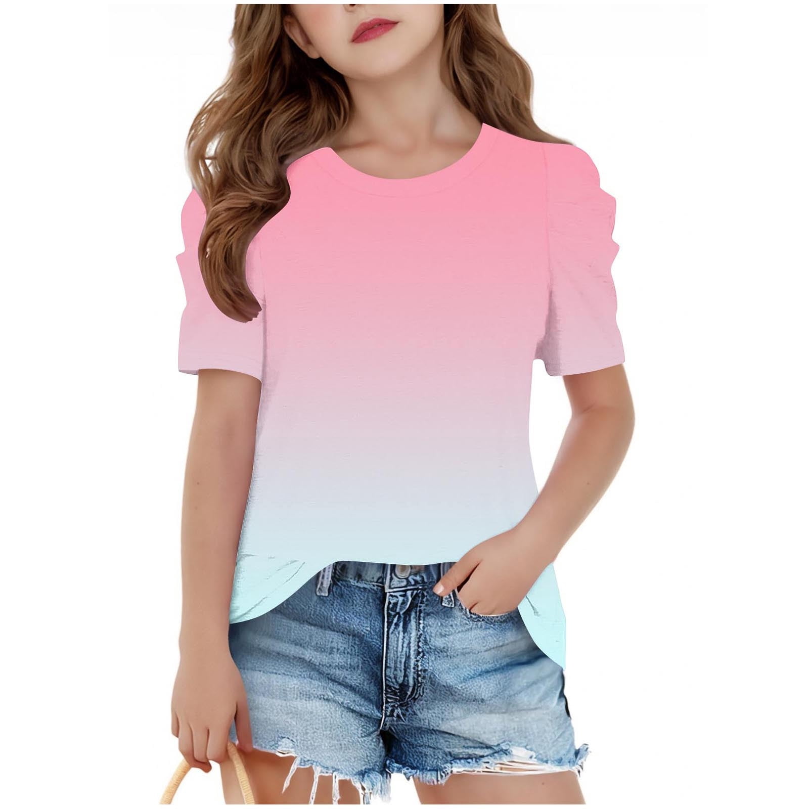 AJTQTH Cute Girls Summer Puff Sleeve Tops Loose Fit Casual Striped ...