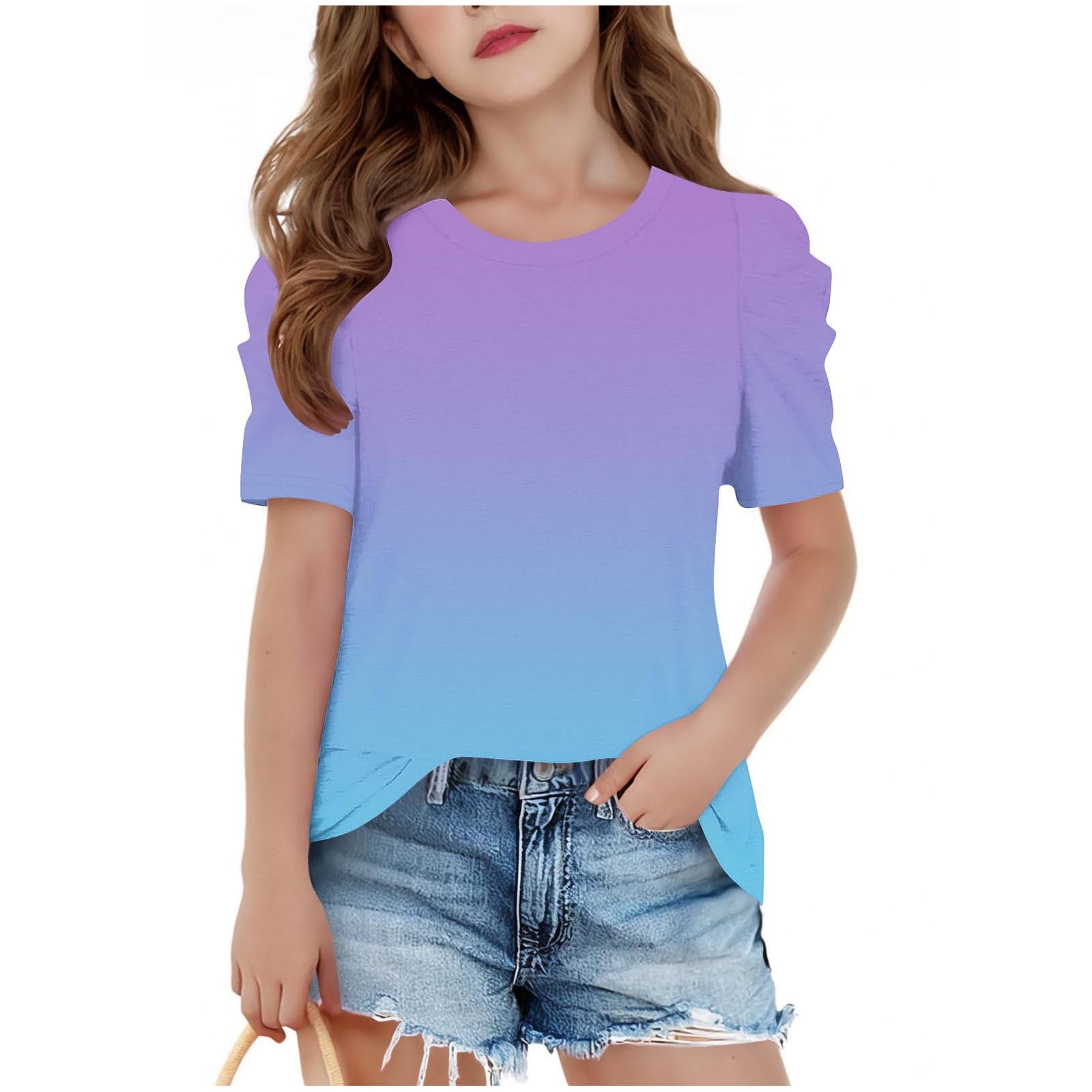 AJTQTH Cute Girls Summer Puff Sleeve Tops Loose Fit Casual Striped ...