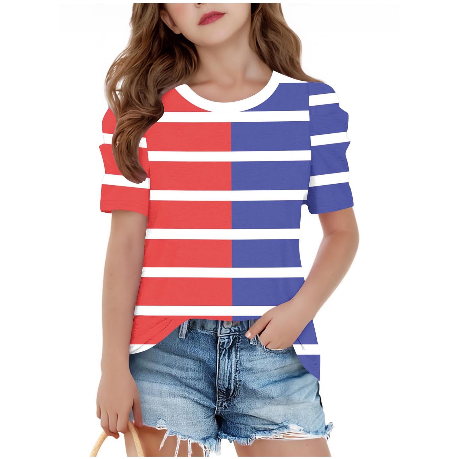 AJTQTH Cute Girls Summer Puff Sleeve Tops Loose Fit Casual Striped ...