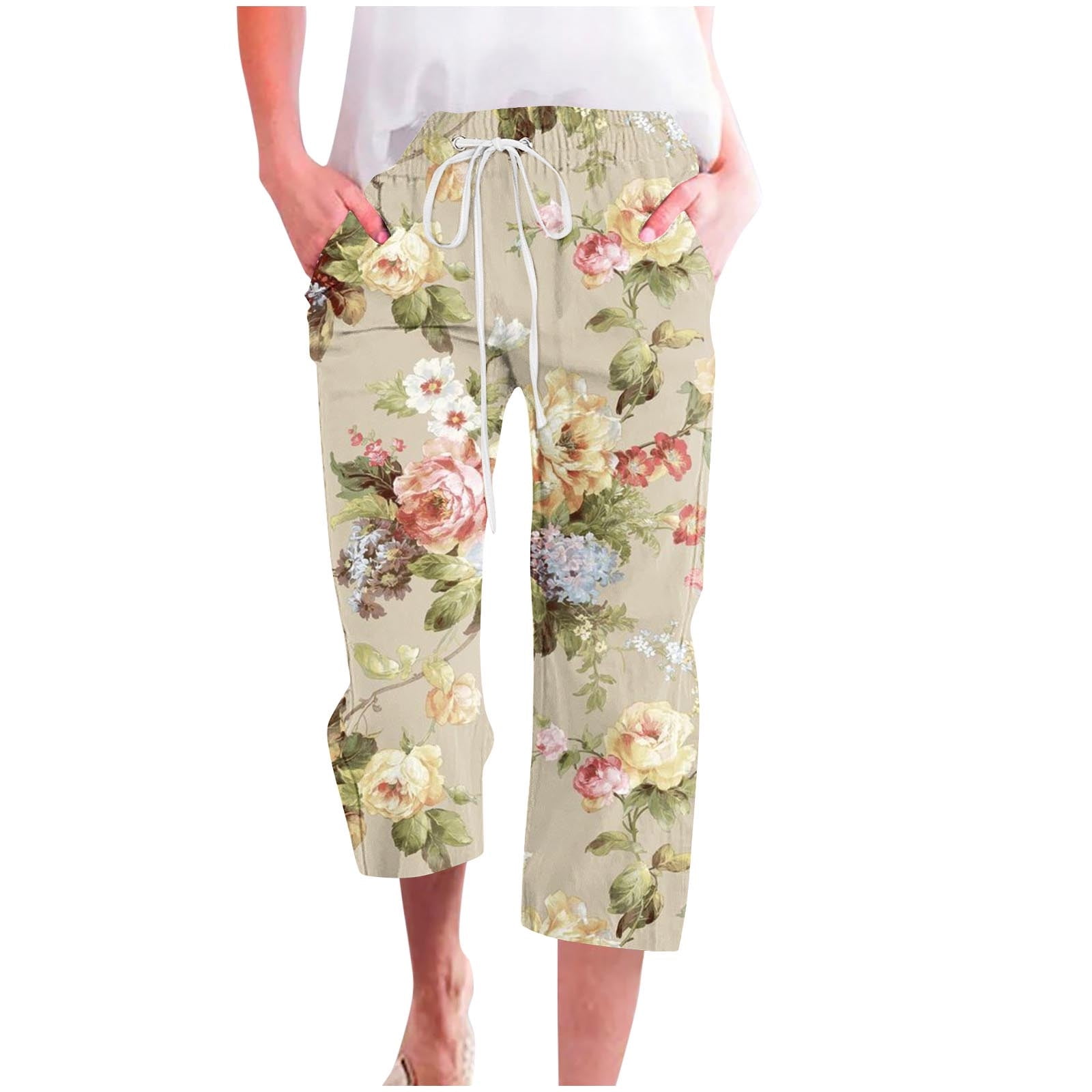 AJTQTH Drawstring Capris for Women Stylish Floral Print Capri Pants ...