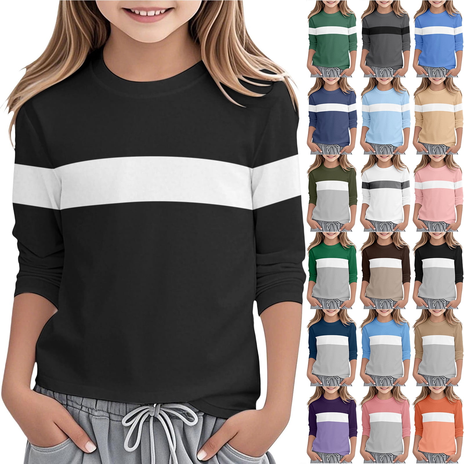 AJTQTH Girls Casual 3/4 Sleeve T Shirts Kids Striped Color Block ...