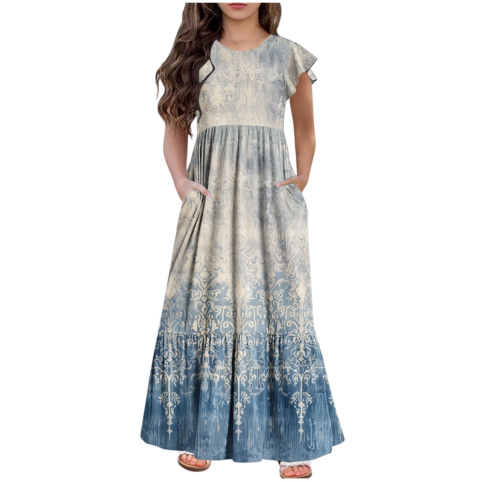 AJTQTH Girls Long Dress Vintage Print Ruffles Hem Sundress Flutter ...