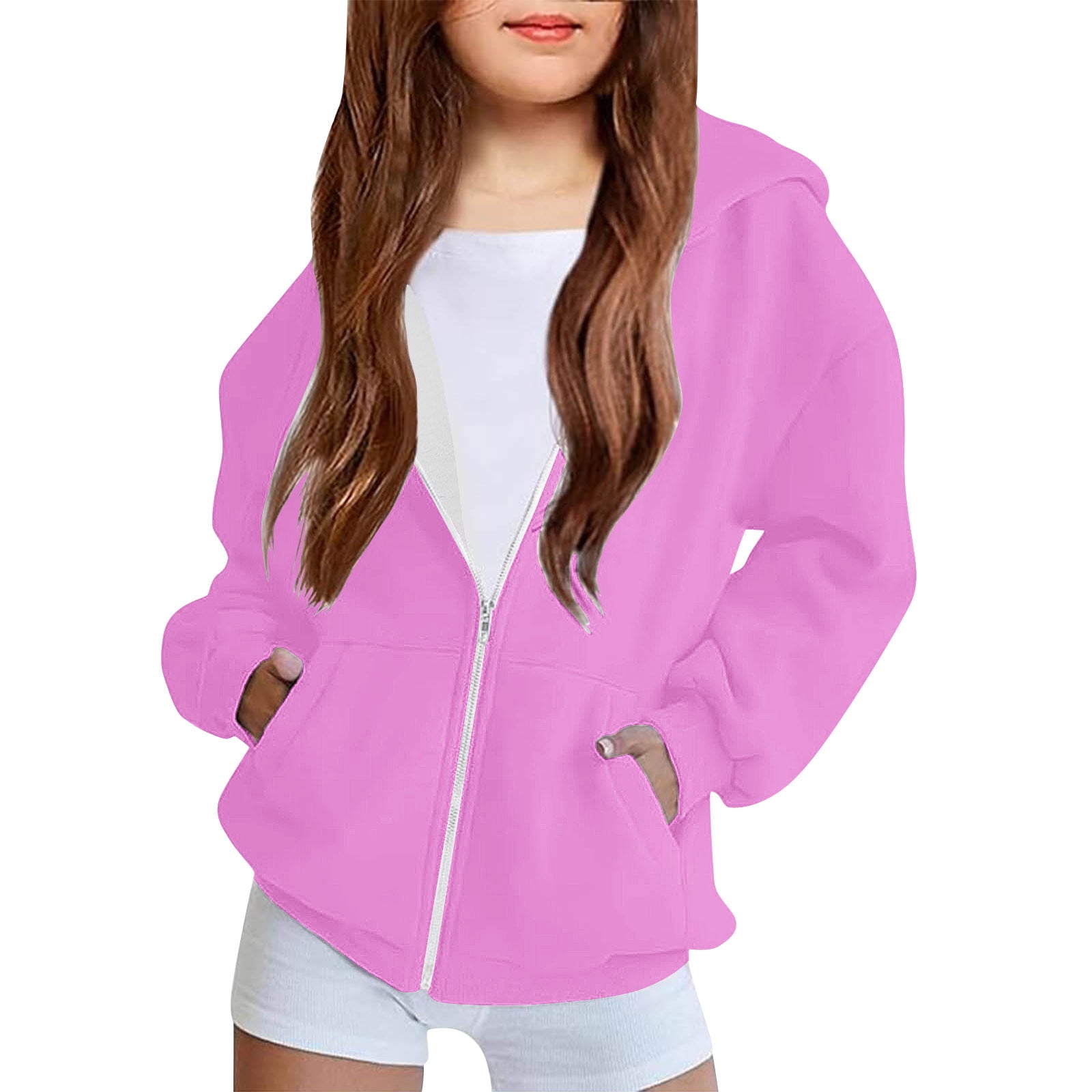 AJTQTH Girls Zip Up Hoodie Jacket Casual Solid Color Long Sleeve Hooded ...