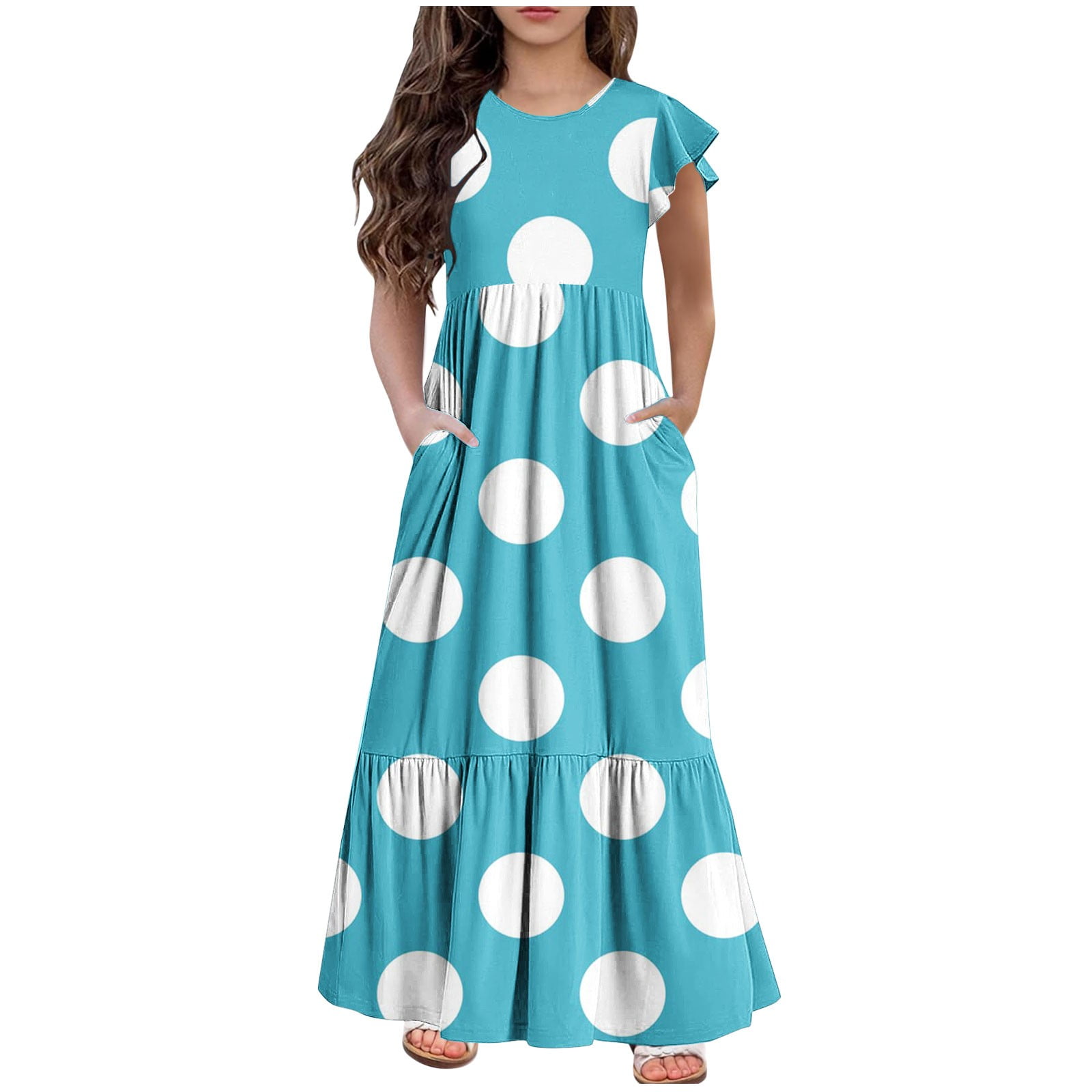 AJTQTH High Waist Sundress for Girls Stylish Polka Dots Tunic Pockets ...