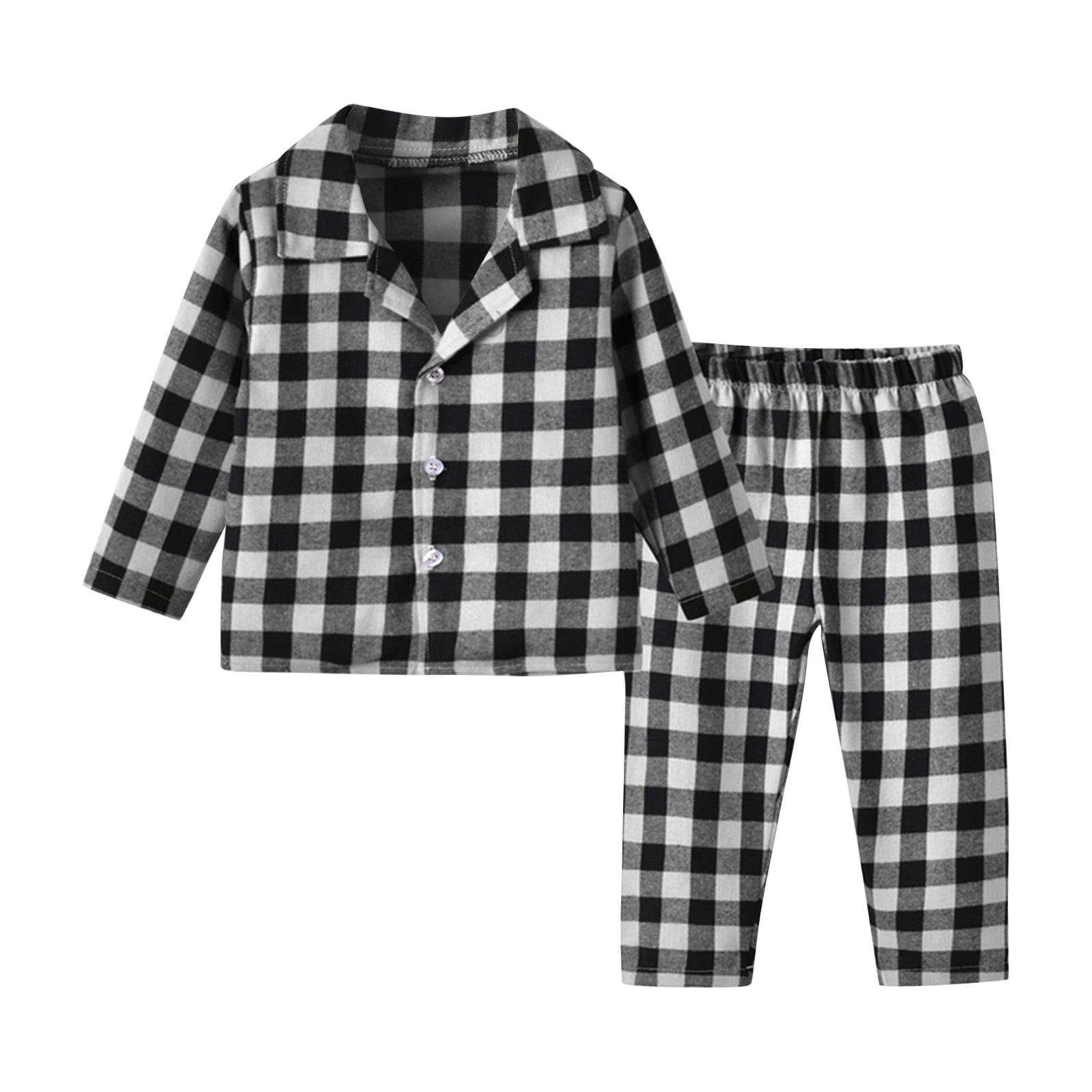 AJTQTH Pajamas Set for Girls Boys Plaid Lapel Long-Sleeved Tops+Elastic ...
