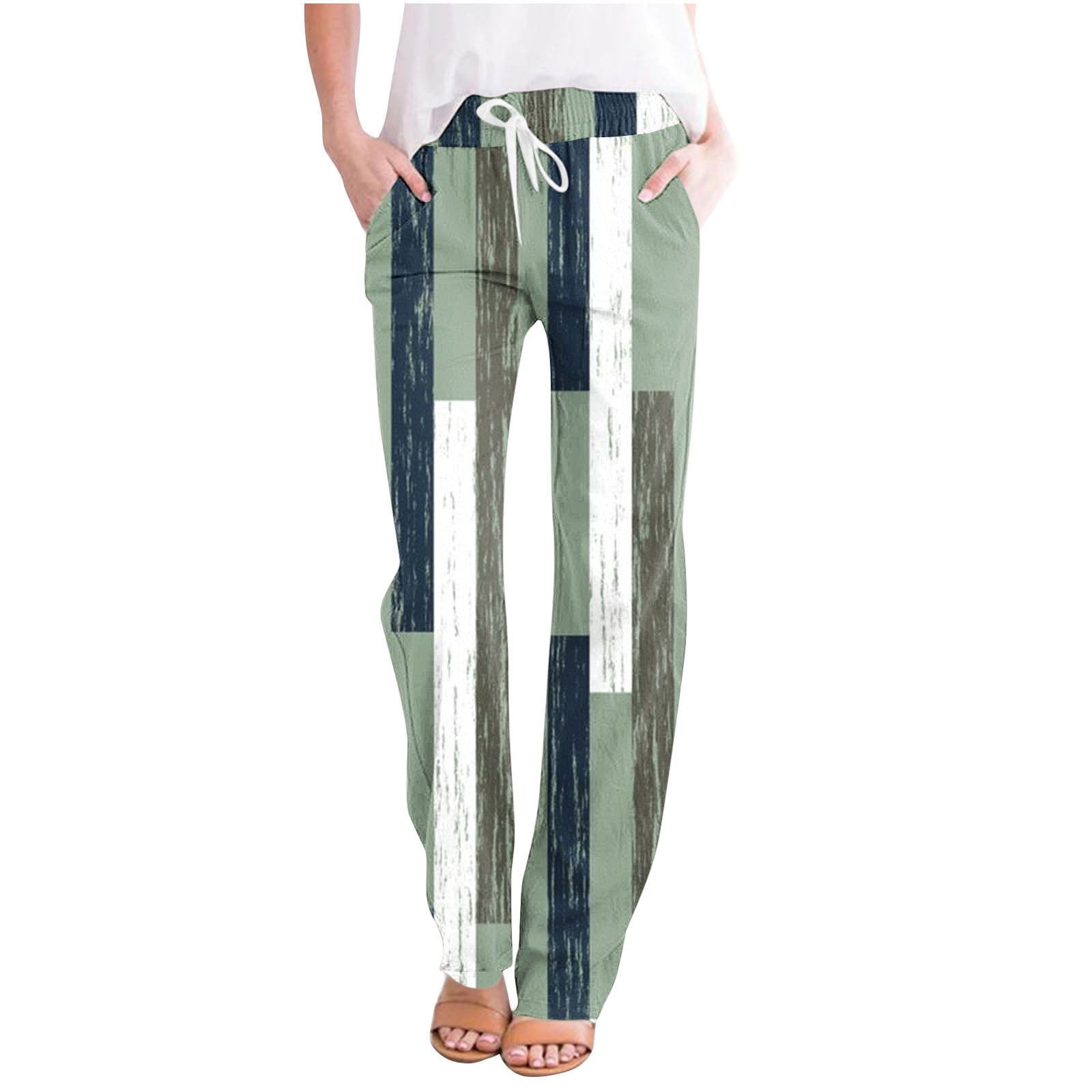 AJTQTH Plus Size Pants for Women Drawstring High-Waisted Color Block ...