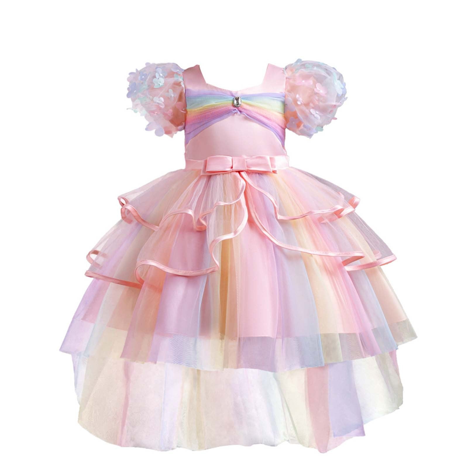AJTQTH Princess Dress for Girls Flower Appliques Puff Sleeve Rainbow ...