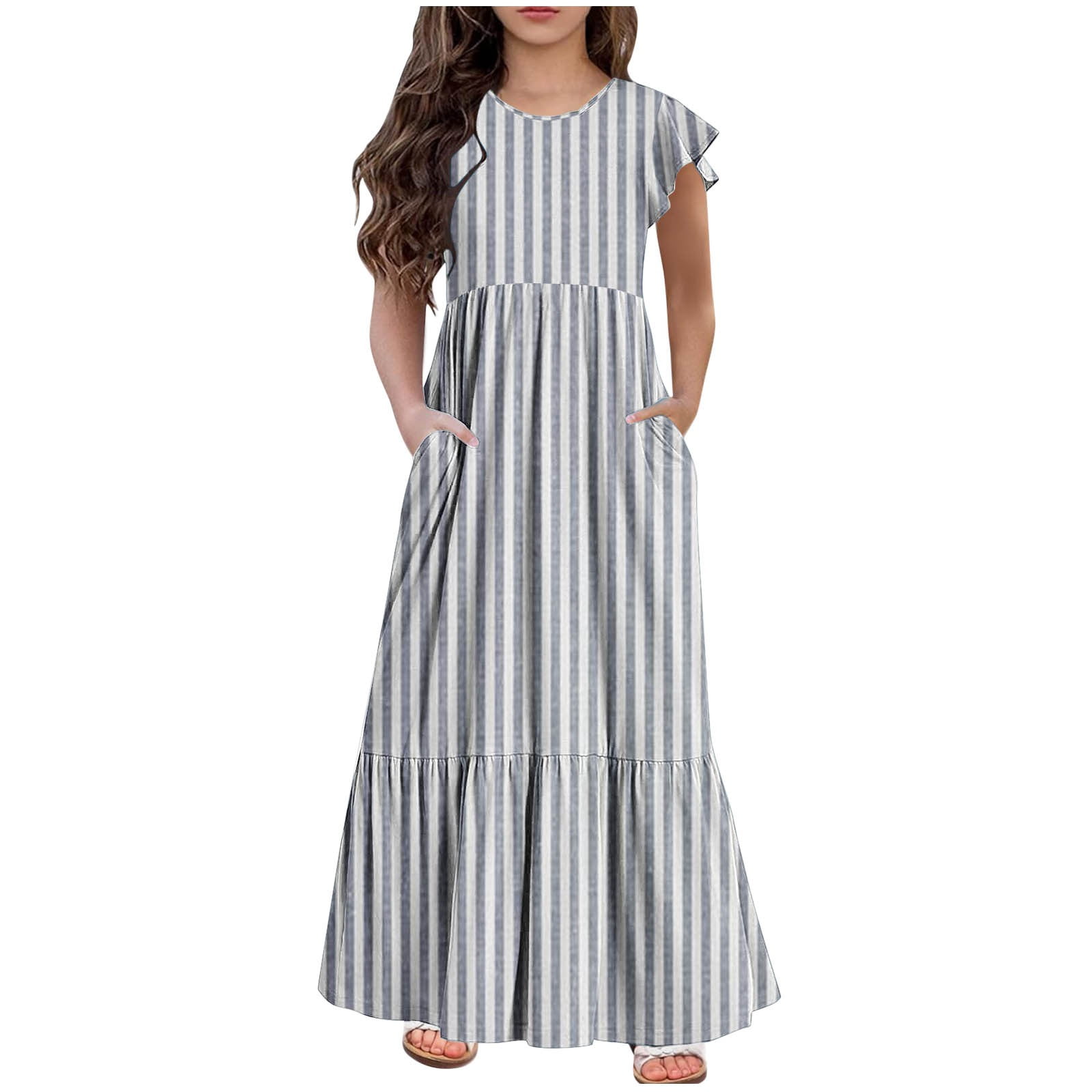AJTQTH Stylish Sundress for Girls Kids Cute Striped Round Neck Flutter ...