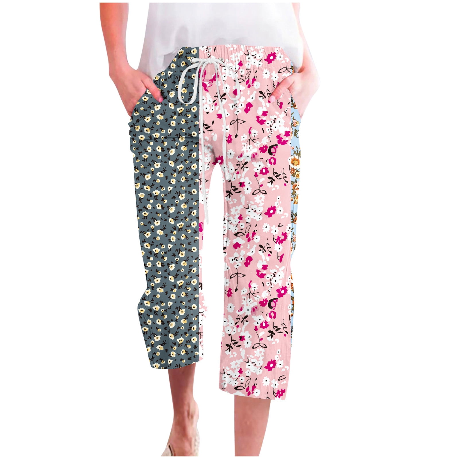 AJTQTH Women Stylish Capris Color Block Patchwork Floral Print Capri Pants Drawstring Pockets ...