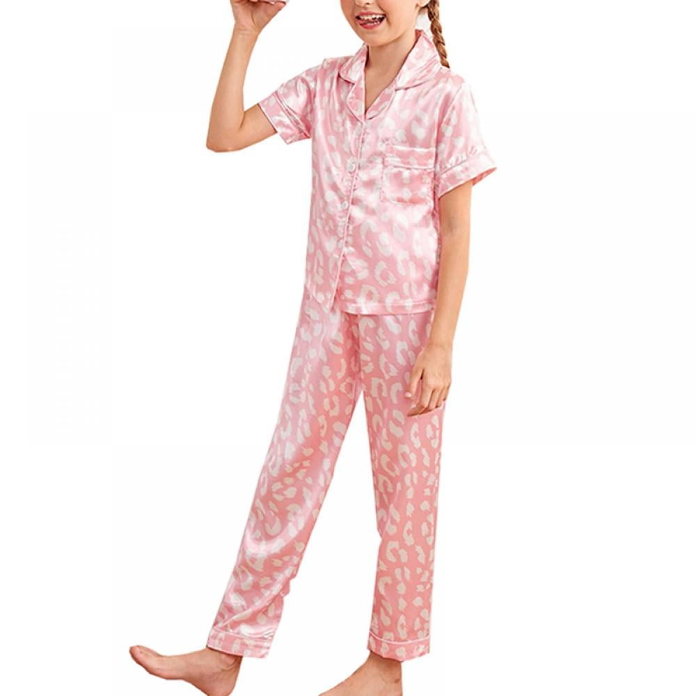 AJZIOJIRO Girls Silk Satin Pajama Short Sleeve Sleepwear Button Down 2 ...