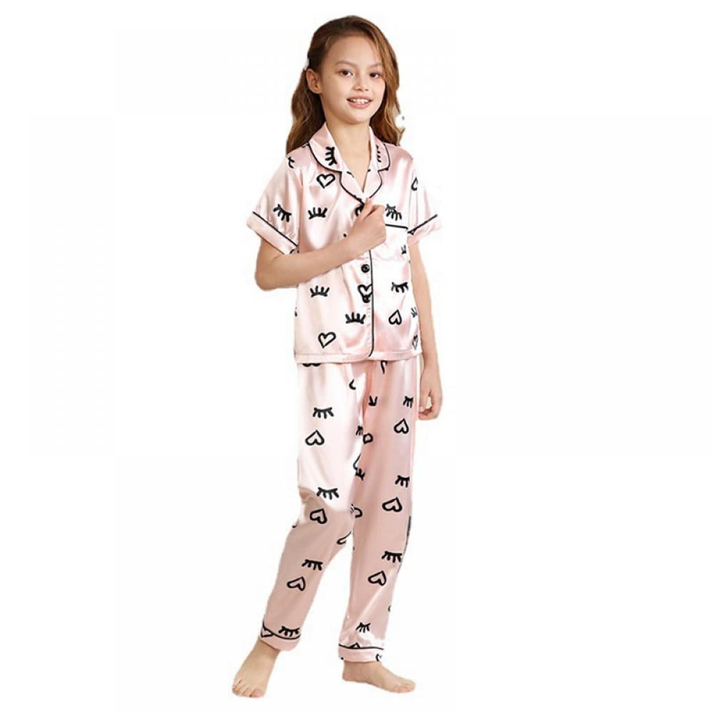 AJZIOJIRO Girls Silk Satin Pajama Short Sleeve Sleepwear Button Down 2 ...
