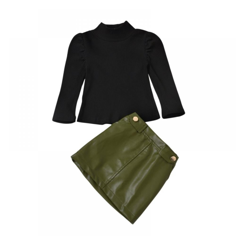 AJZIOJIRO Little Girl Toddler Leather Skirt Outfit Long Sleeve Knit ...