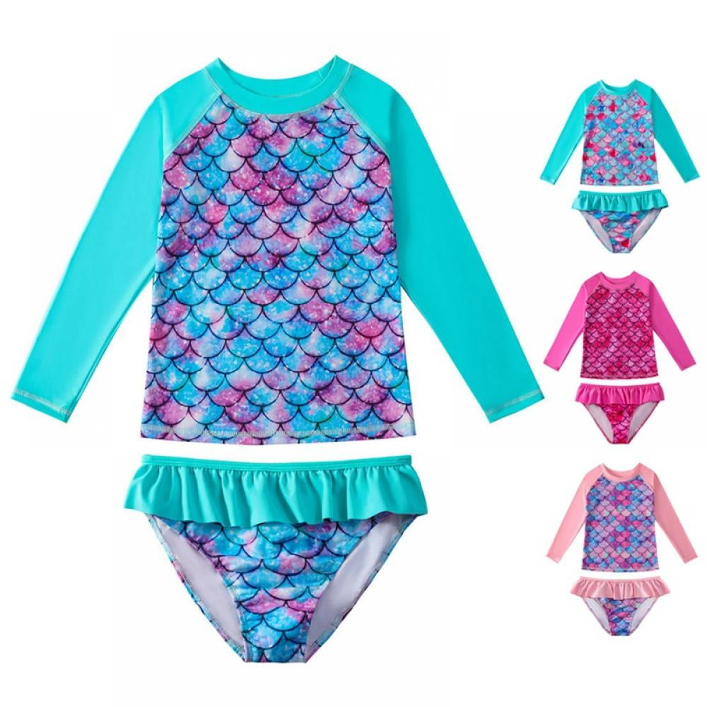 AJZIOJIRO Toddler Girls Swimsuit Two Piece Swimwear Long Sleeve Sun ...