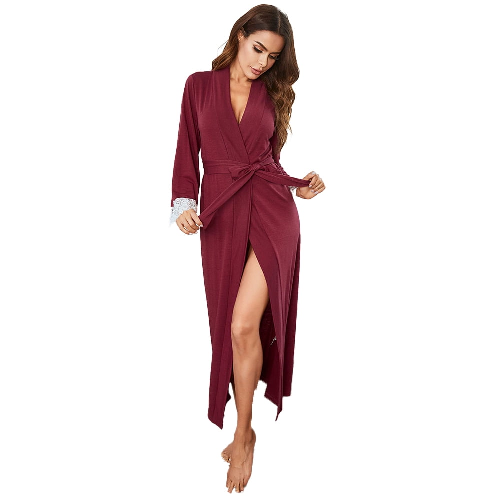 AJZIOJIRO Women's Long Sleeve Bathrobe Lace Pajama Robe Nightgowns Soft ...