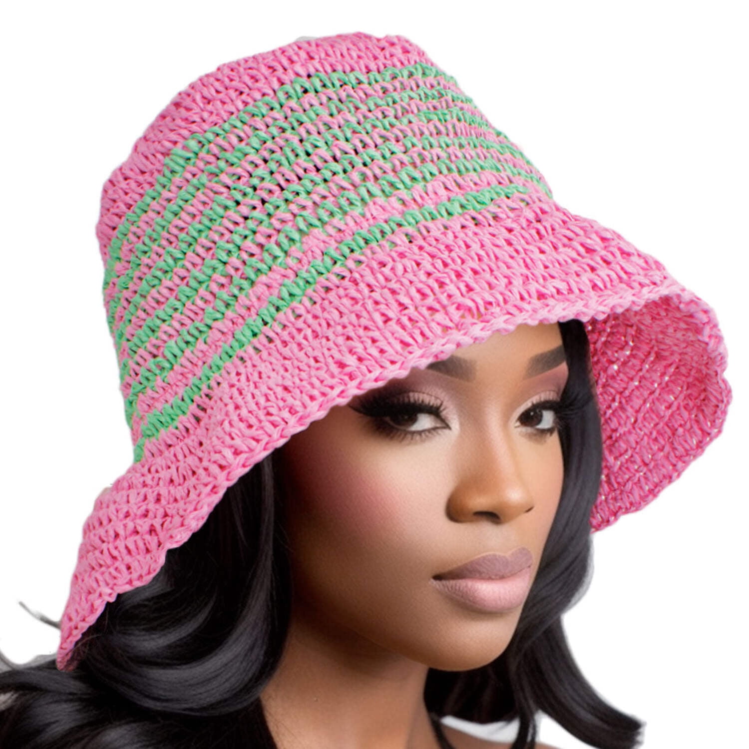 AKA Bucket Hat Alpha Kappa Alpha Inspired Pink Green Multi Stripe Straw ...