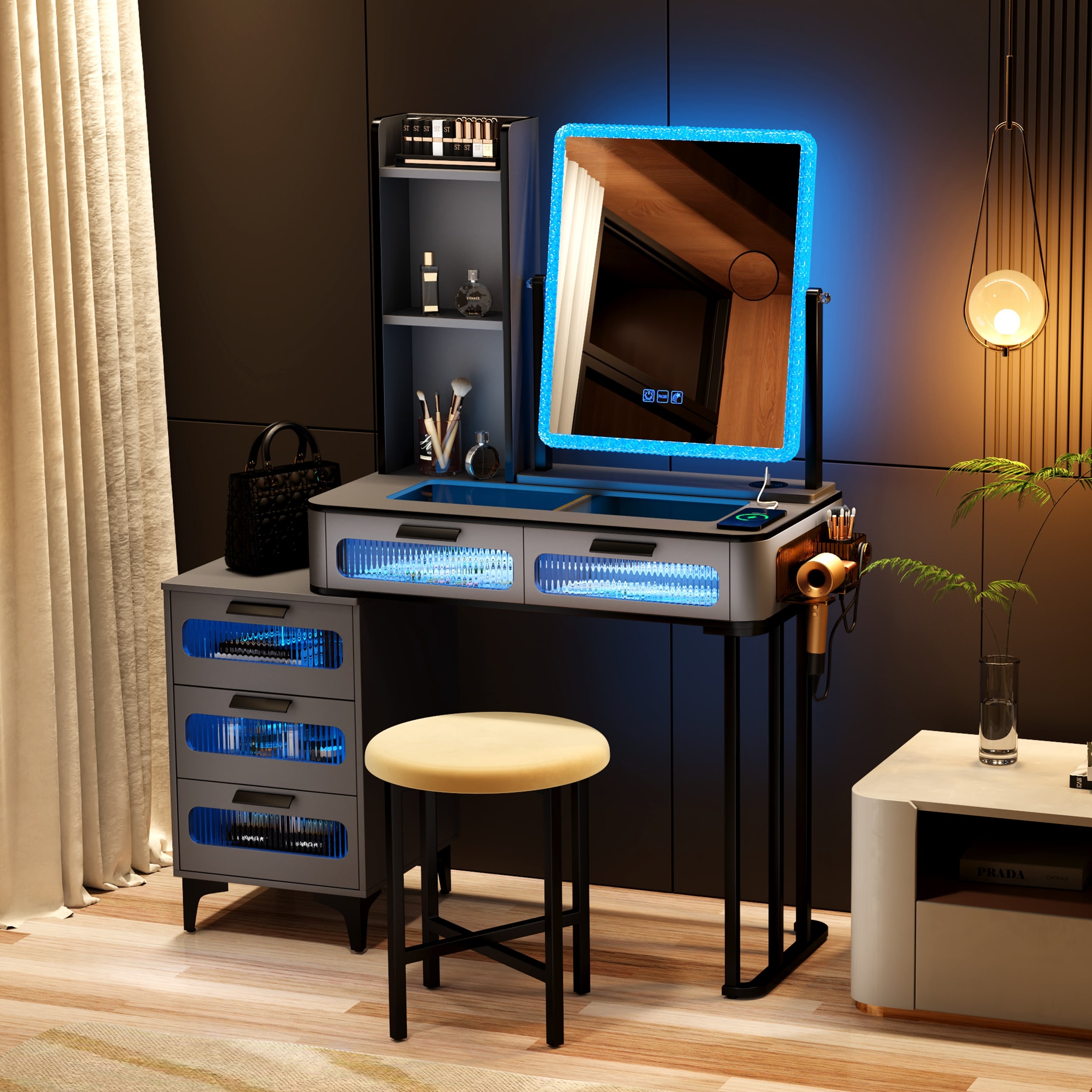 AKADEN FEY LLC Makeup Vanity with LED Light Grey - 5-drawer - Walmart.com