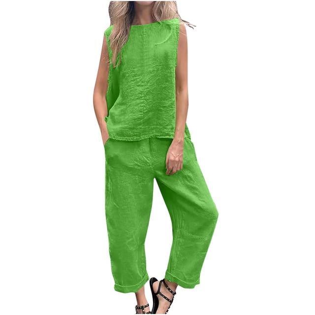 AKAFMK 2 Piece Linen Set for Women Casual Cotton Linen Sets Womens ...