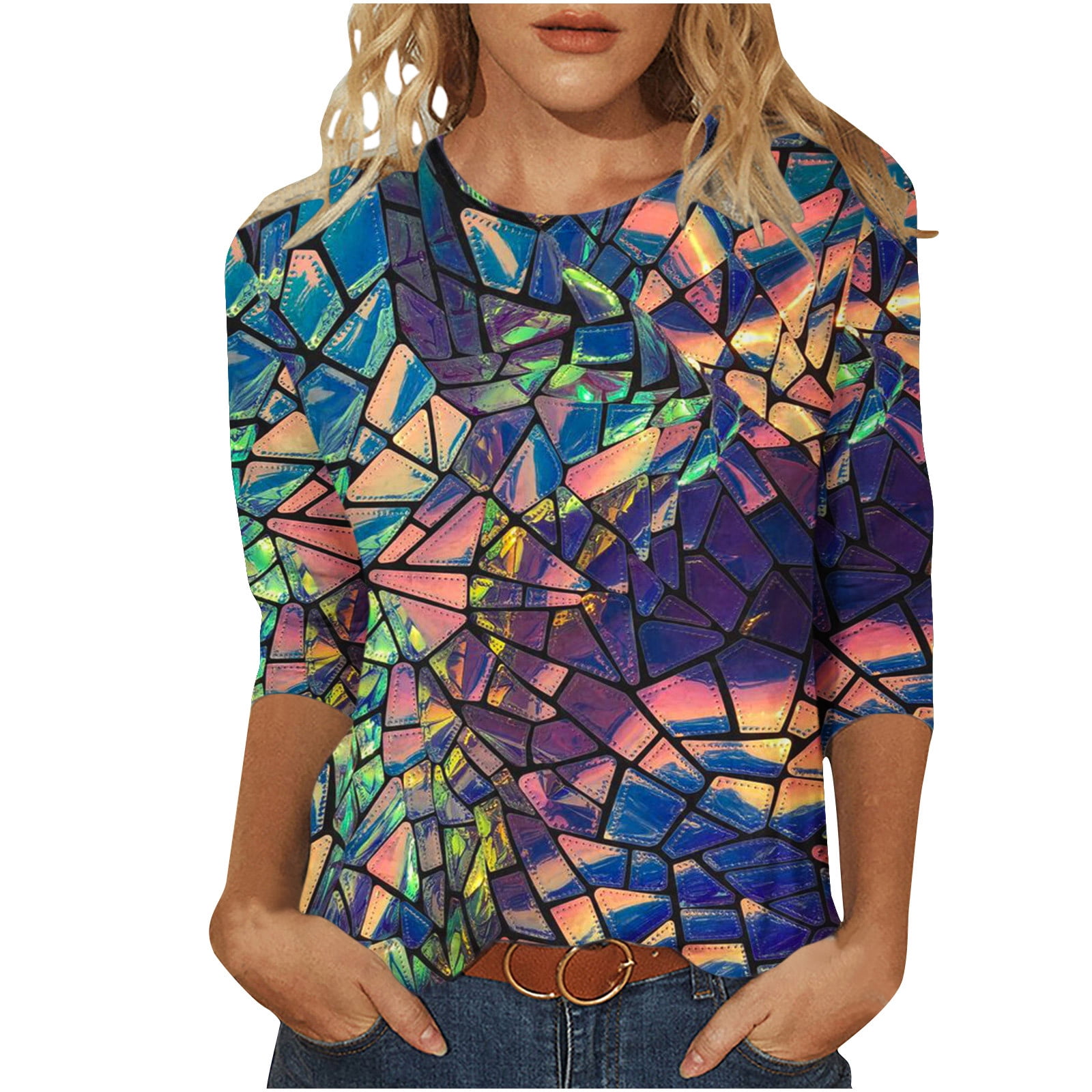 AKAFMK Women's Casual 3/4 Sleeve T-Shirts,Geometry Print T Shirt Round ...