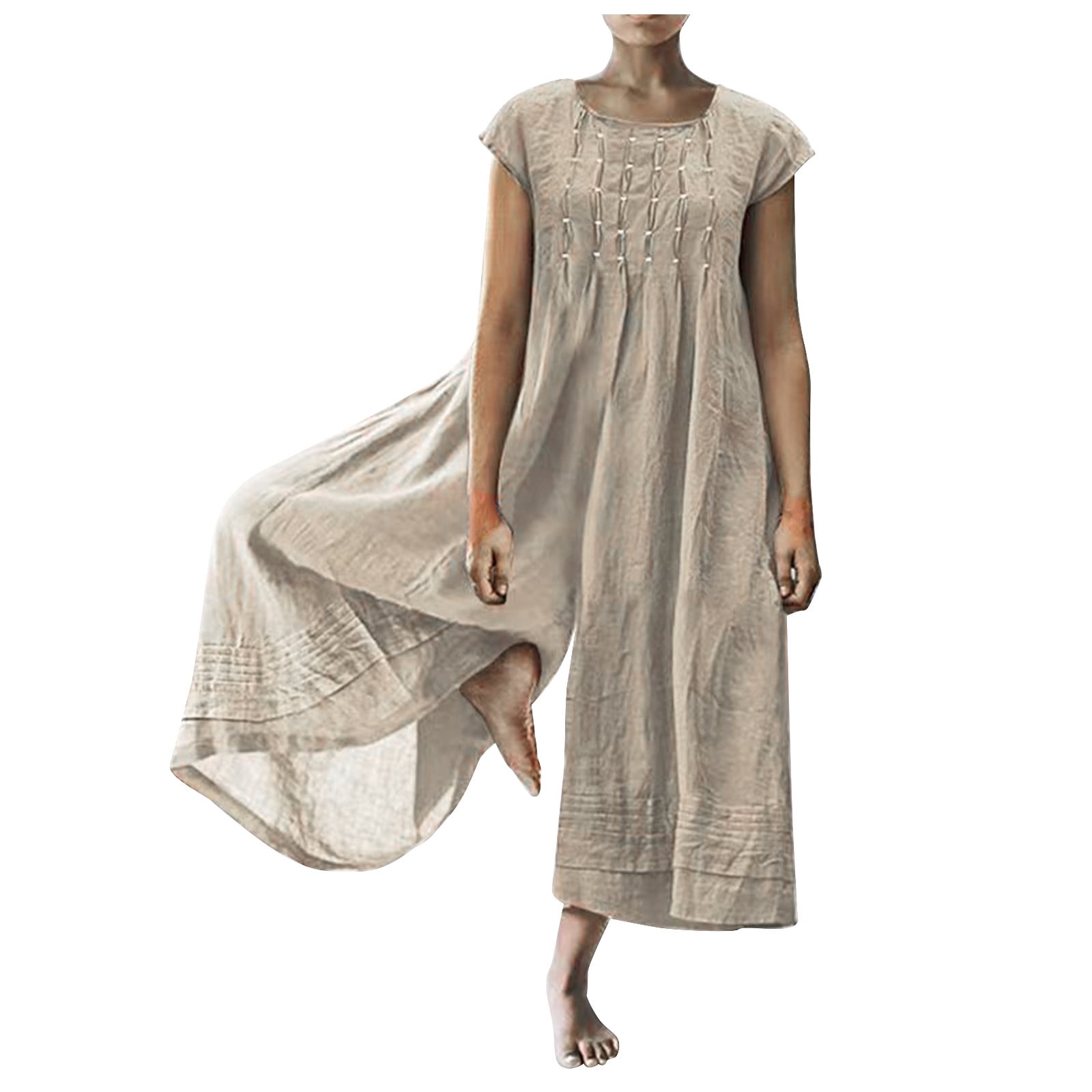 AKAFMK Women's Casual Cotton Linen Jumpsuits Short Sleeve Round Neck ...