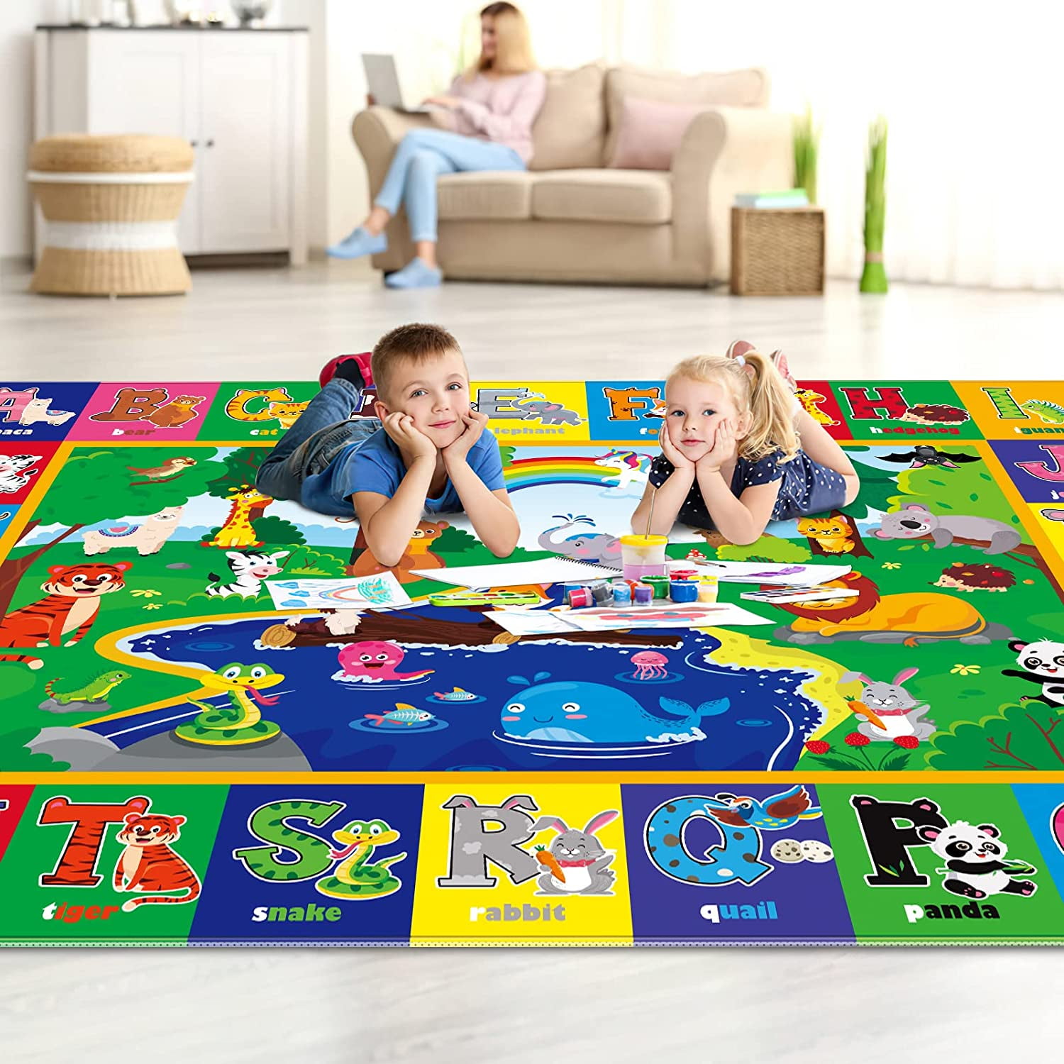 AKASISRUG Kids Play Rug, Animals Print Baby Mat for Floor, ABC ...