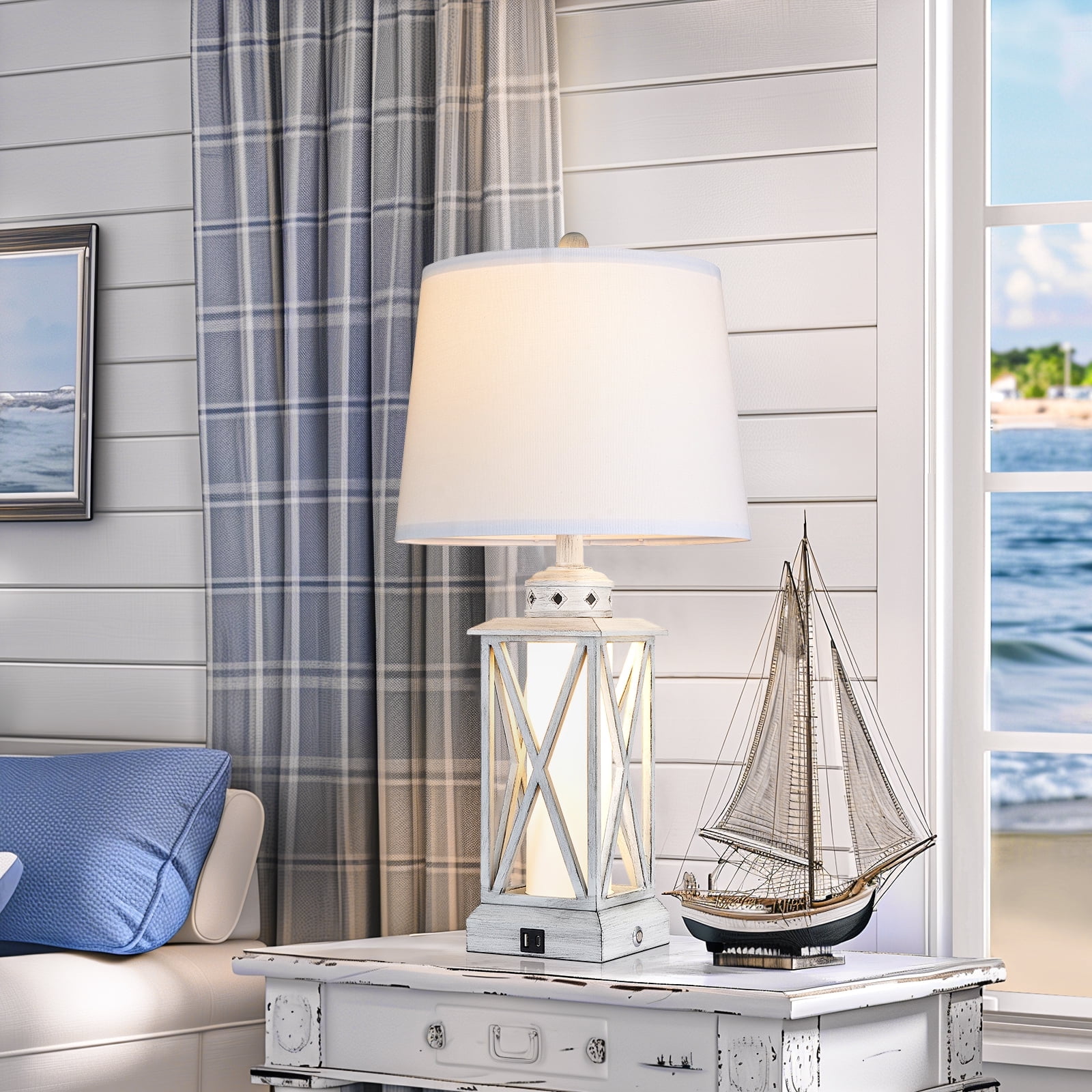 AKASUKI 26" Metal, Dimmable, Coastal Table Lamp with Night Light (Bulb ...